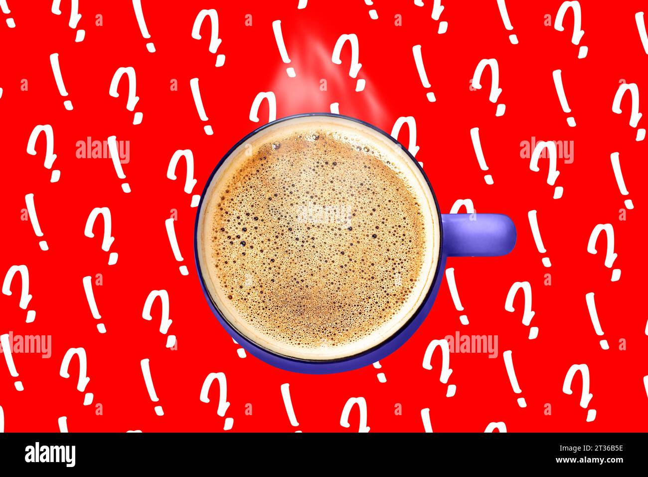 Steaming coffee cup foam top view question exclamation mark on red ...