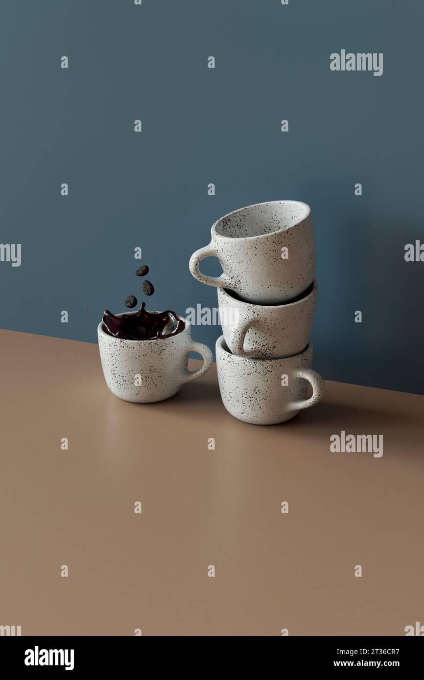 3D render of coffee beans falling into mug of coffee standing by stack ...