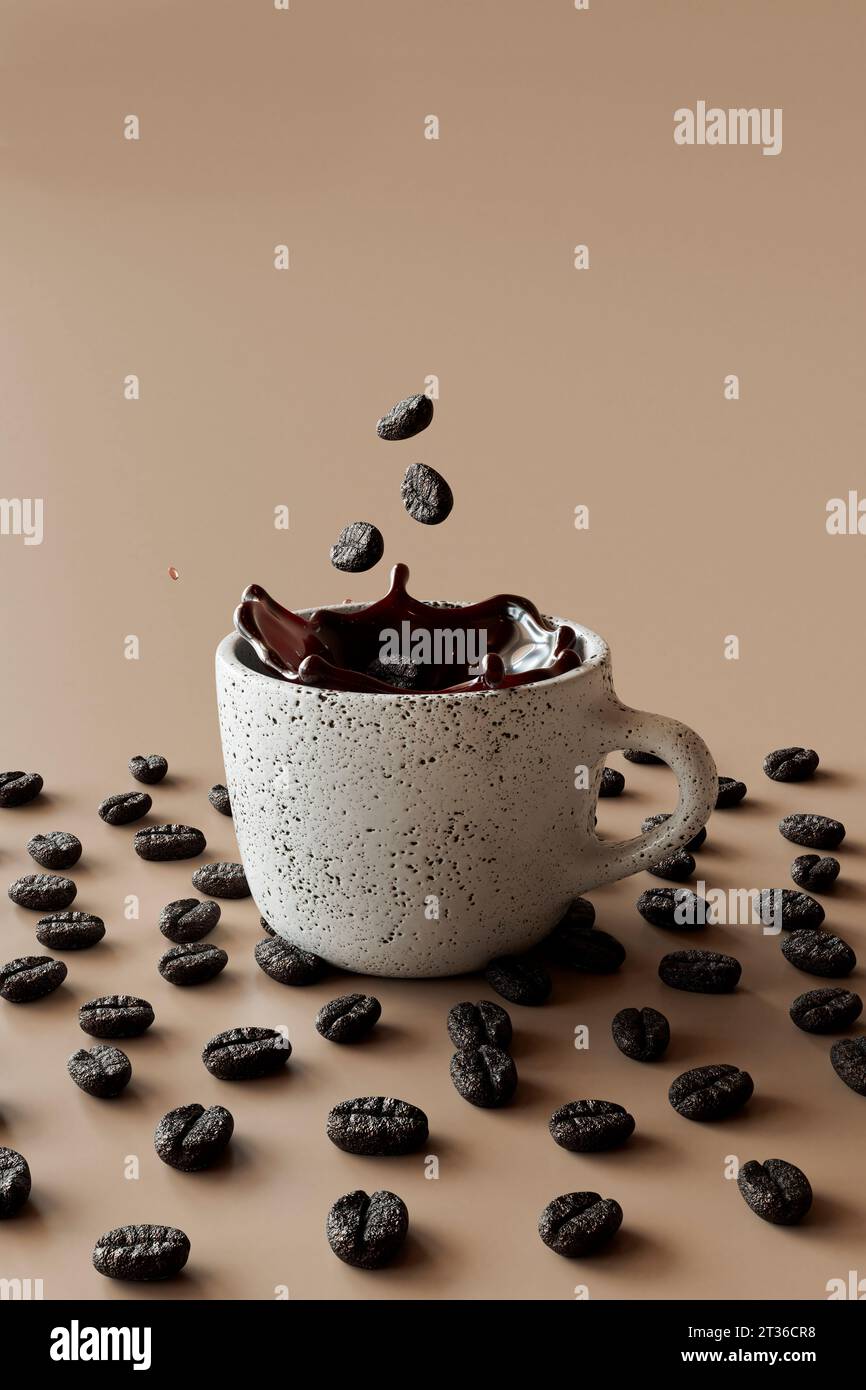 3D render of coffee beans falling into mug of coffee Stock Photo - Alamy