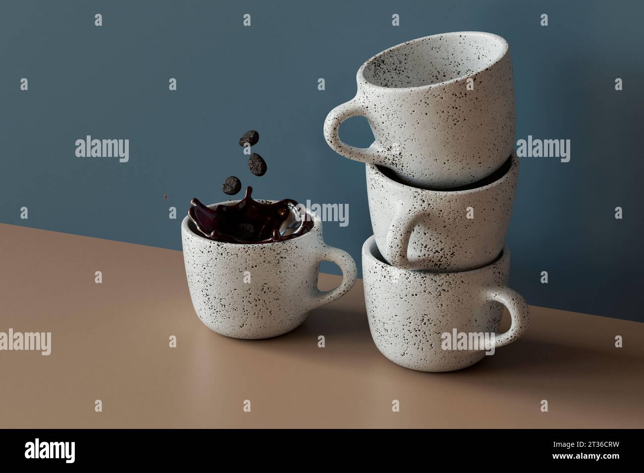 3D render of coffee beans falling into mug of coffee standing by stack of empty mugs Stock Photo ...