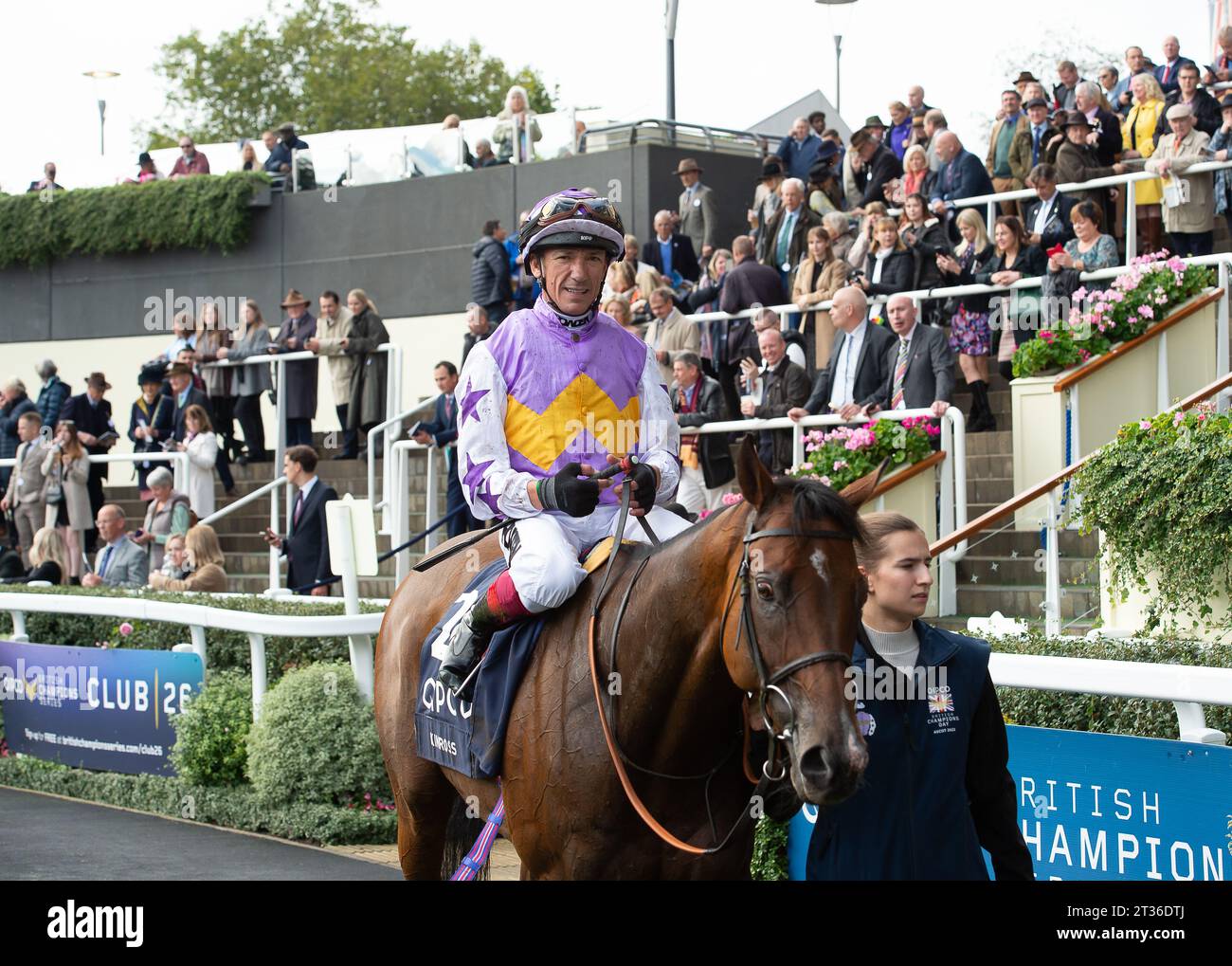 Ascot, Berkshire, UK. 21st October, 2023. Jockey Frankie Dettori came ...