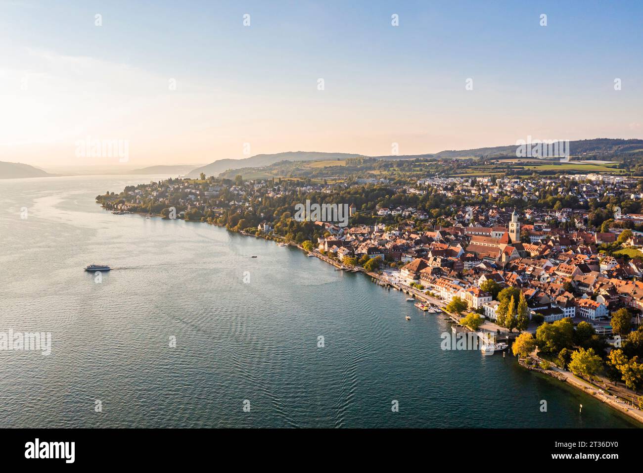 Germany, Baden-Wurttemberg, Uberlingen, Aerial view of city on shore of Bodensee at sunset Stock ...