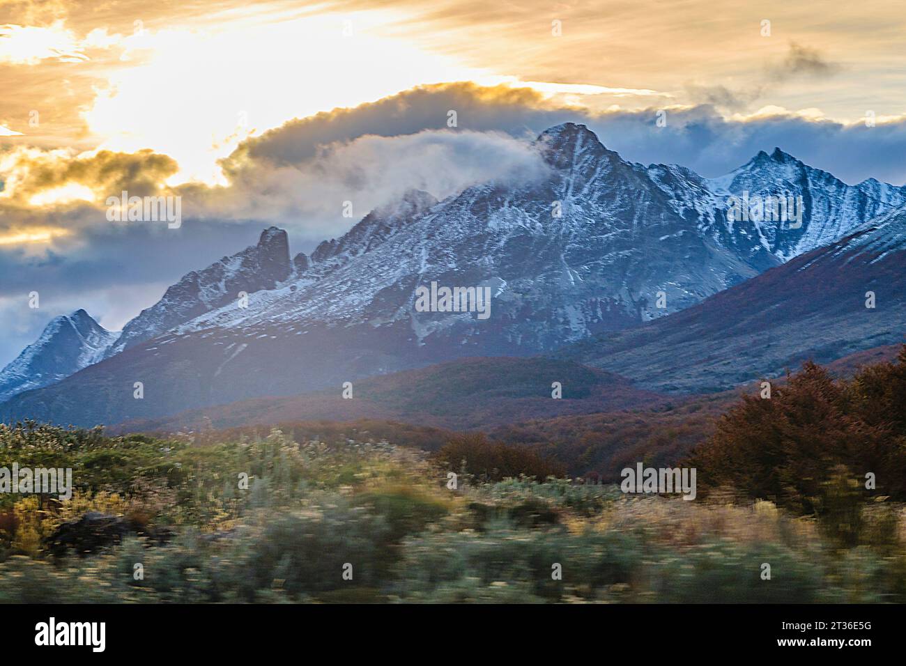 Snowy andes range mountain at autumn season landscape, tierra del fuego ...