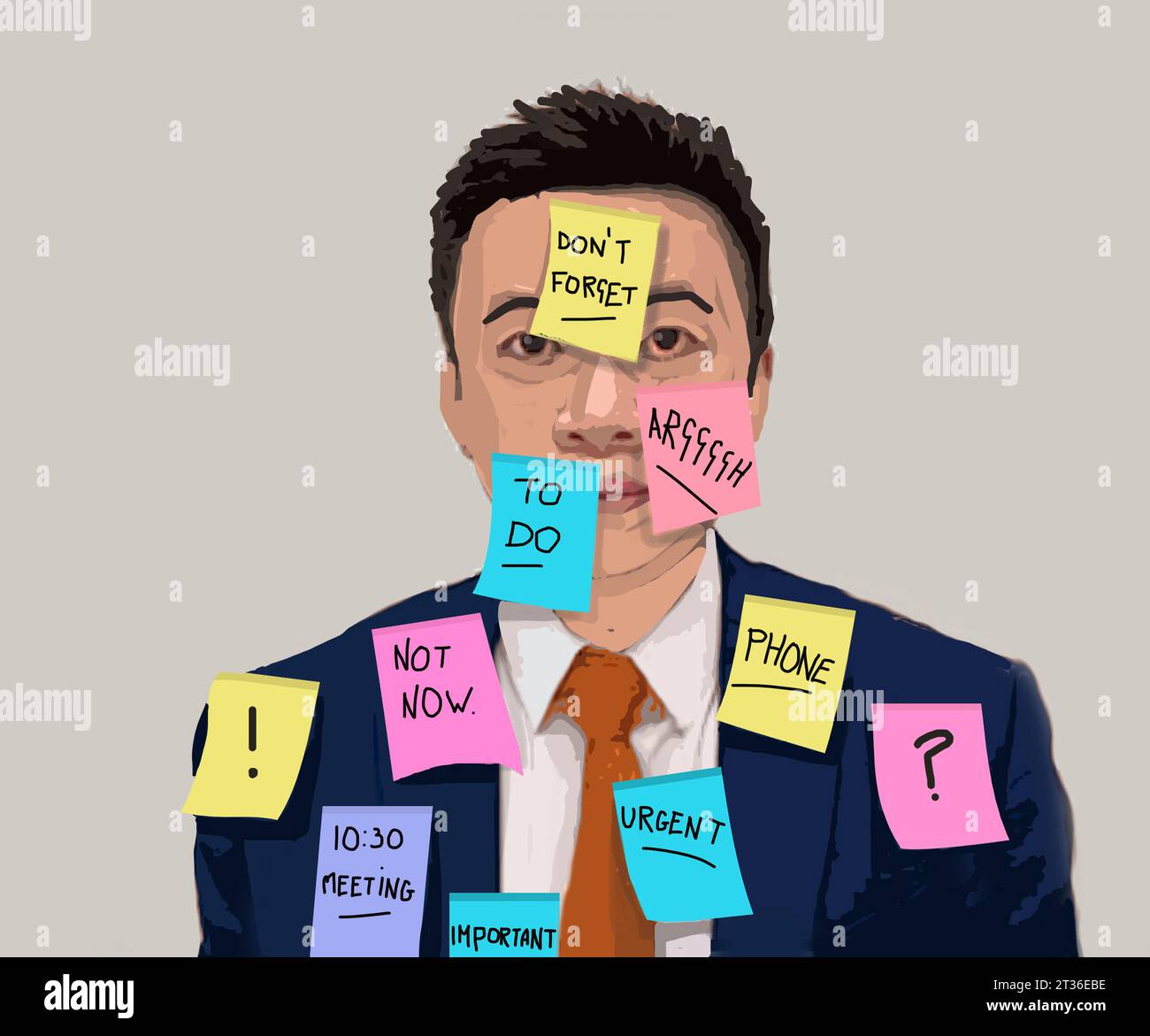 Illustration of man covered in colorful adhesive notes Stock Photo - Alamy