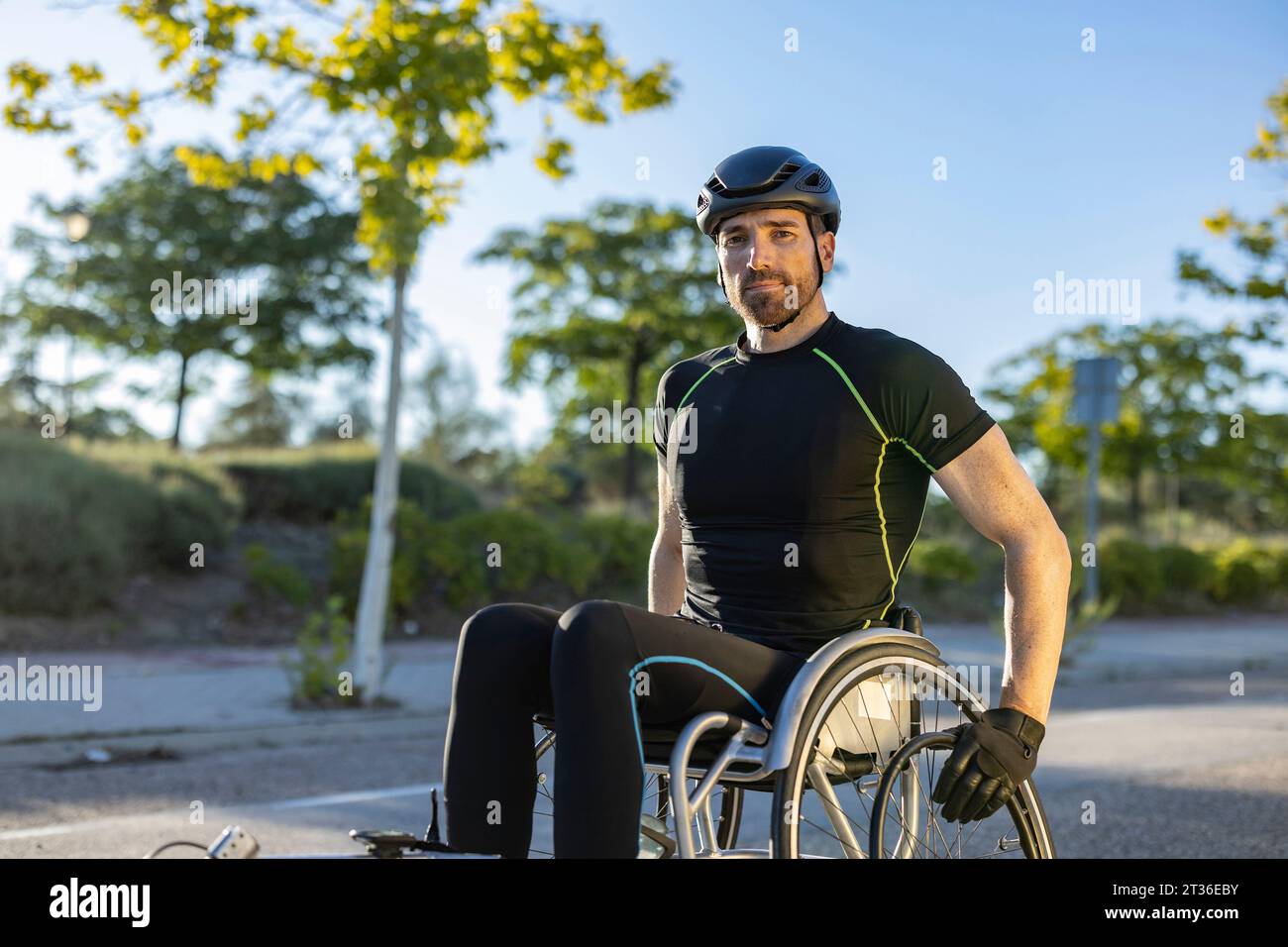 Confident athlete with disabilities for wheelchair race competition ...