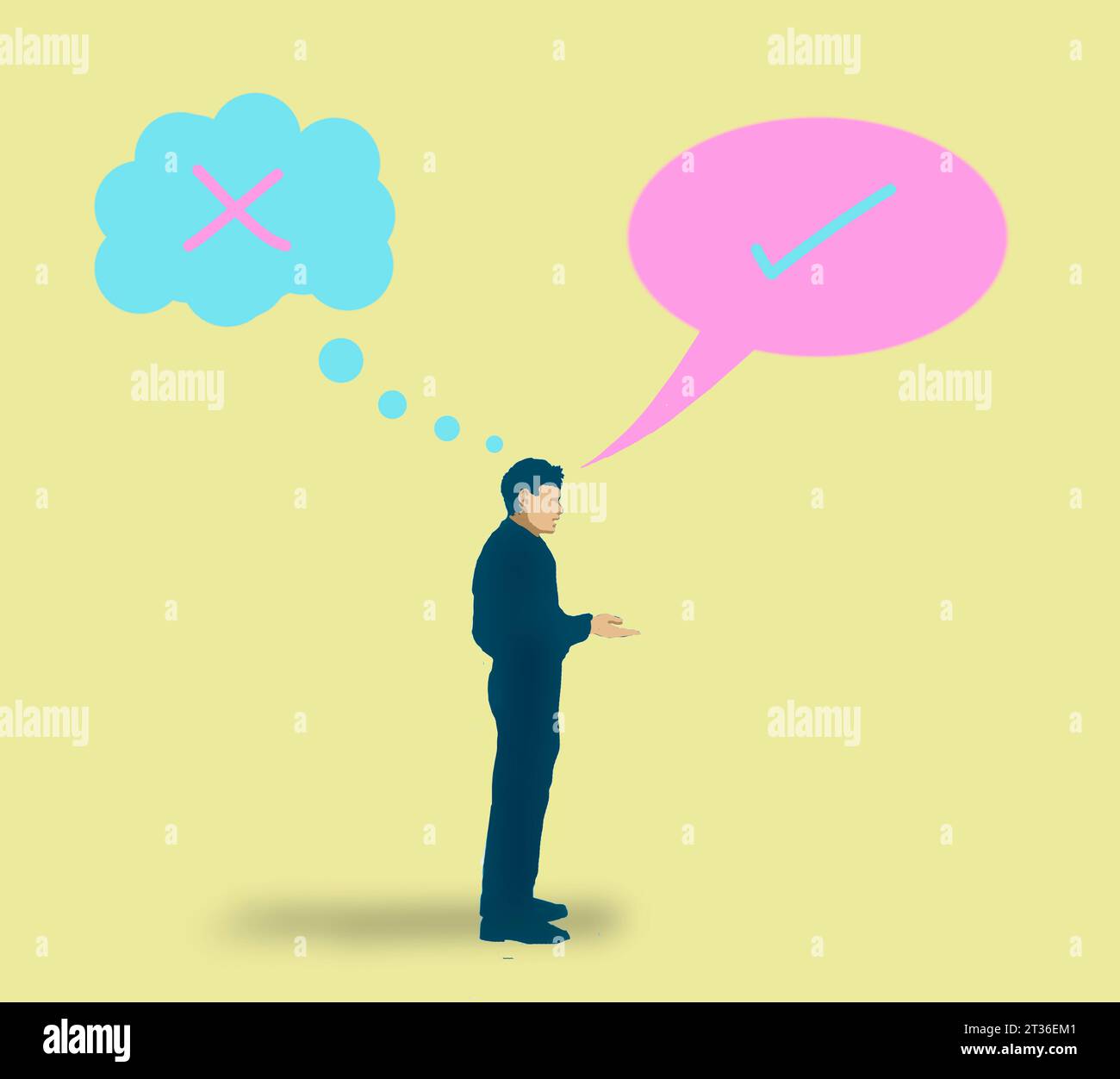 Thought and speech bubbles over conflicted man Stock Photo - Alamy