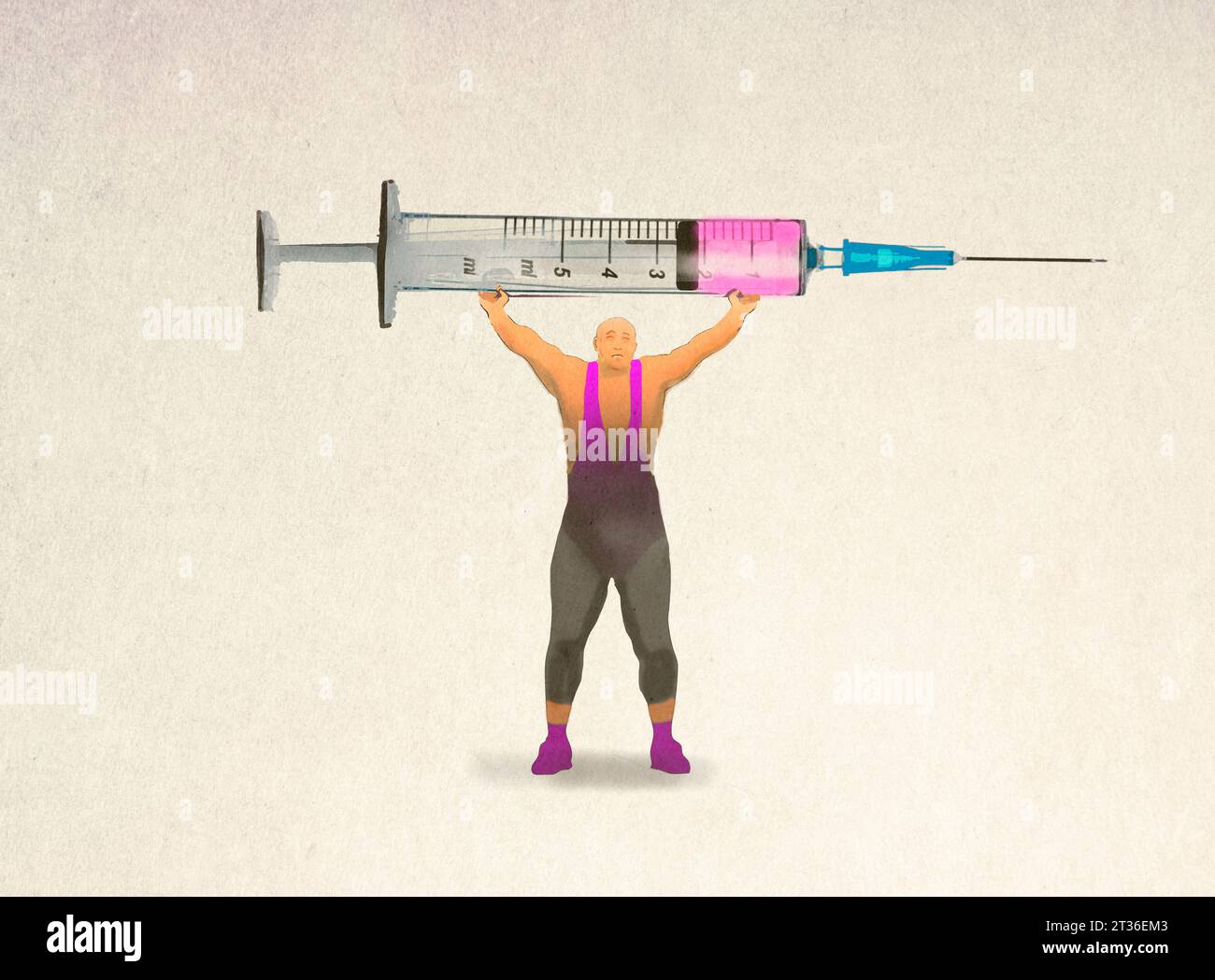 Illustration of strongman holding oversized syringe Stock Photo - Alamy