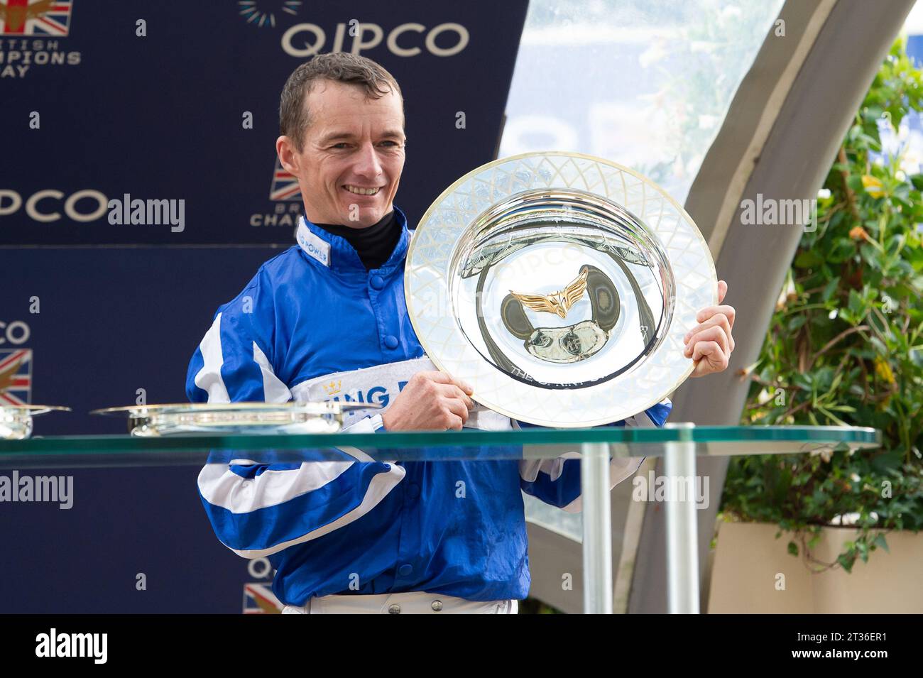 Ascot, Berkshire, UK. 21st October, 2023. Jockey David Allan receives ...