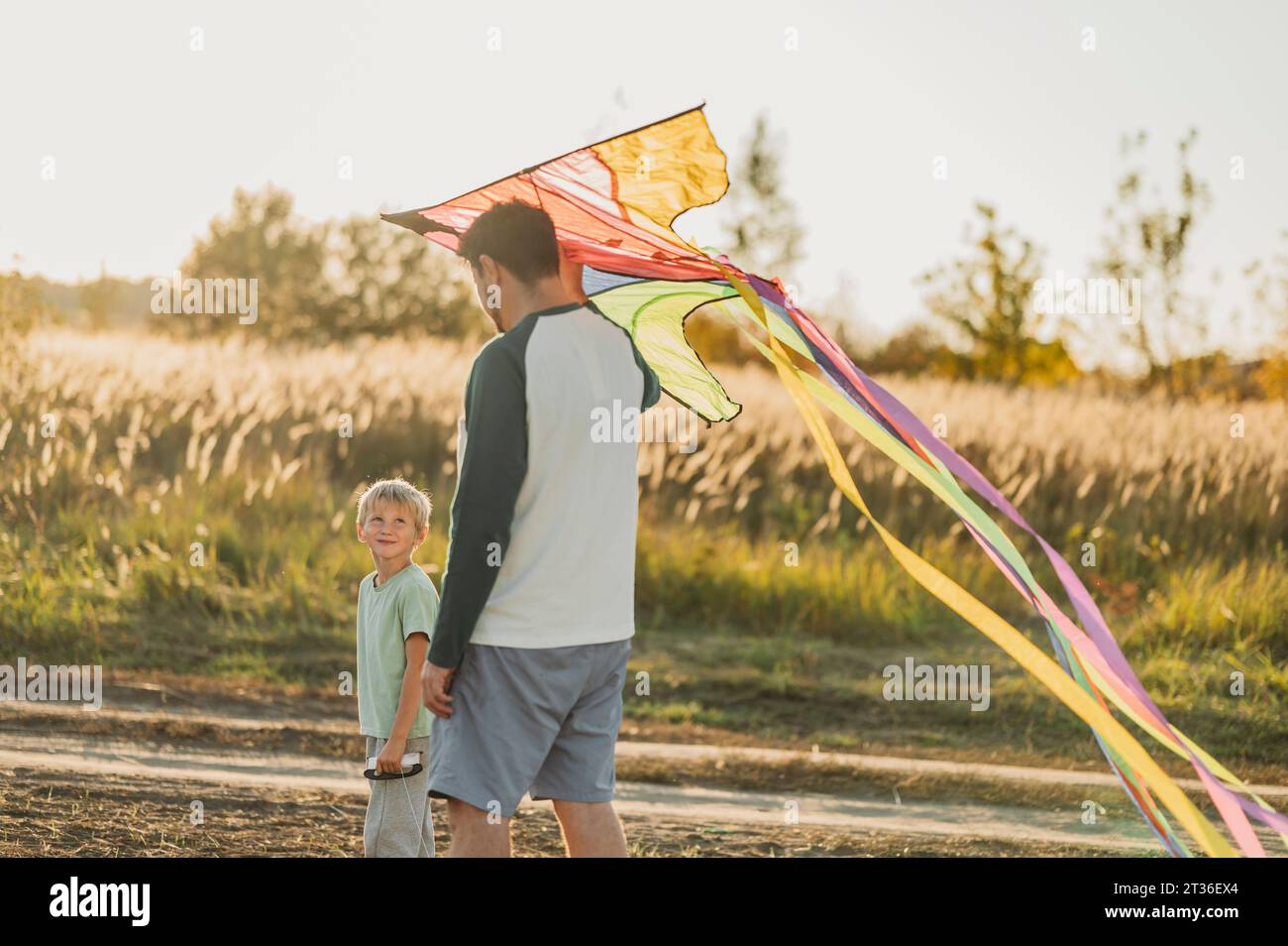 Father and son with colorful kite walking in meadow Stock Photo - Alamy
