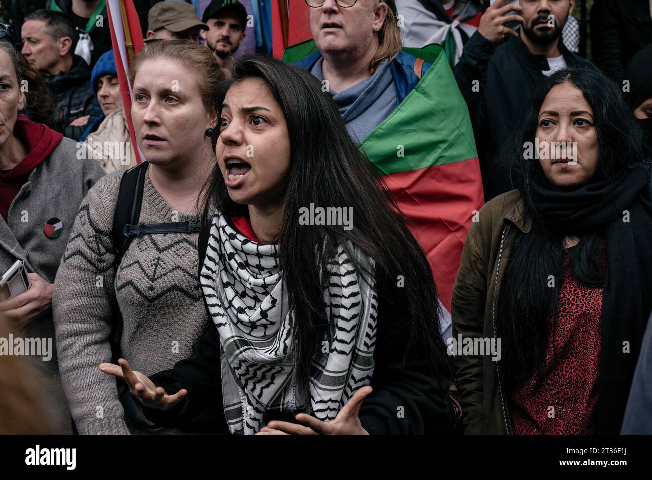 Dublin, Ireland. 21st Oct, 2023. A protester responds to a speaker ...