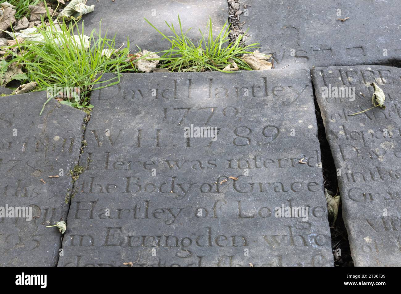 The grave of David Hartley in the churchyard of the Church of St Thomas a Becket at Heptonstall ...