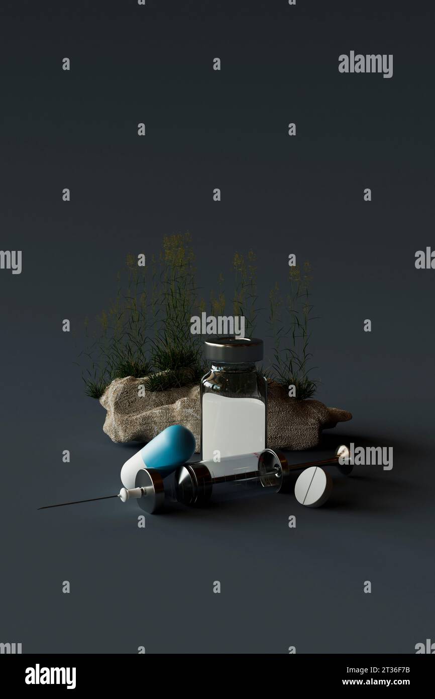 Vaccination syringe with pill and capsule near rock against black ...