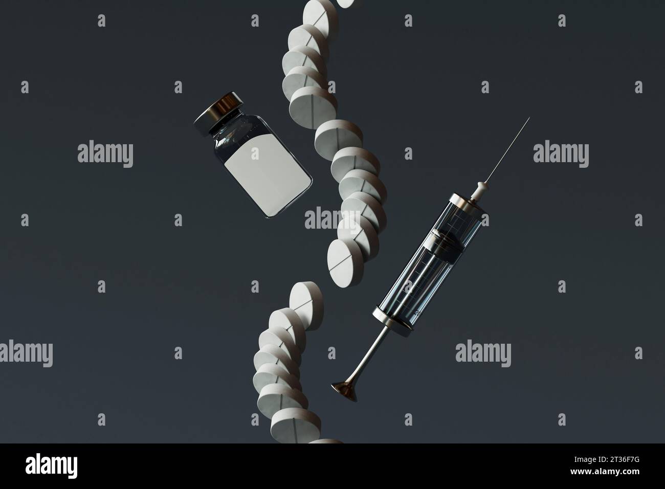 Medical injection with pills and vial against black background Stock ...