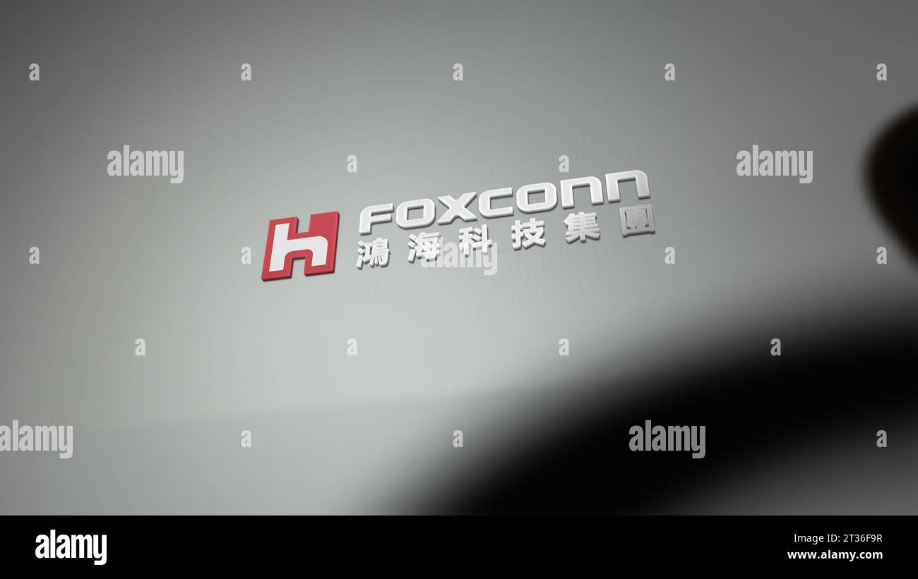 The logo of Foxconn on grey wall, the Foxcoon brand on a Taiwanese ...