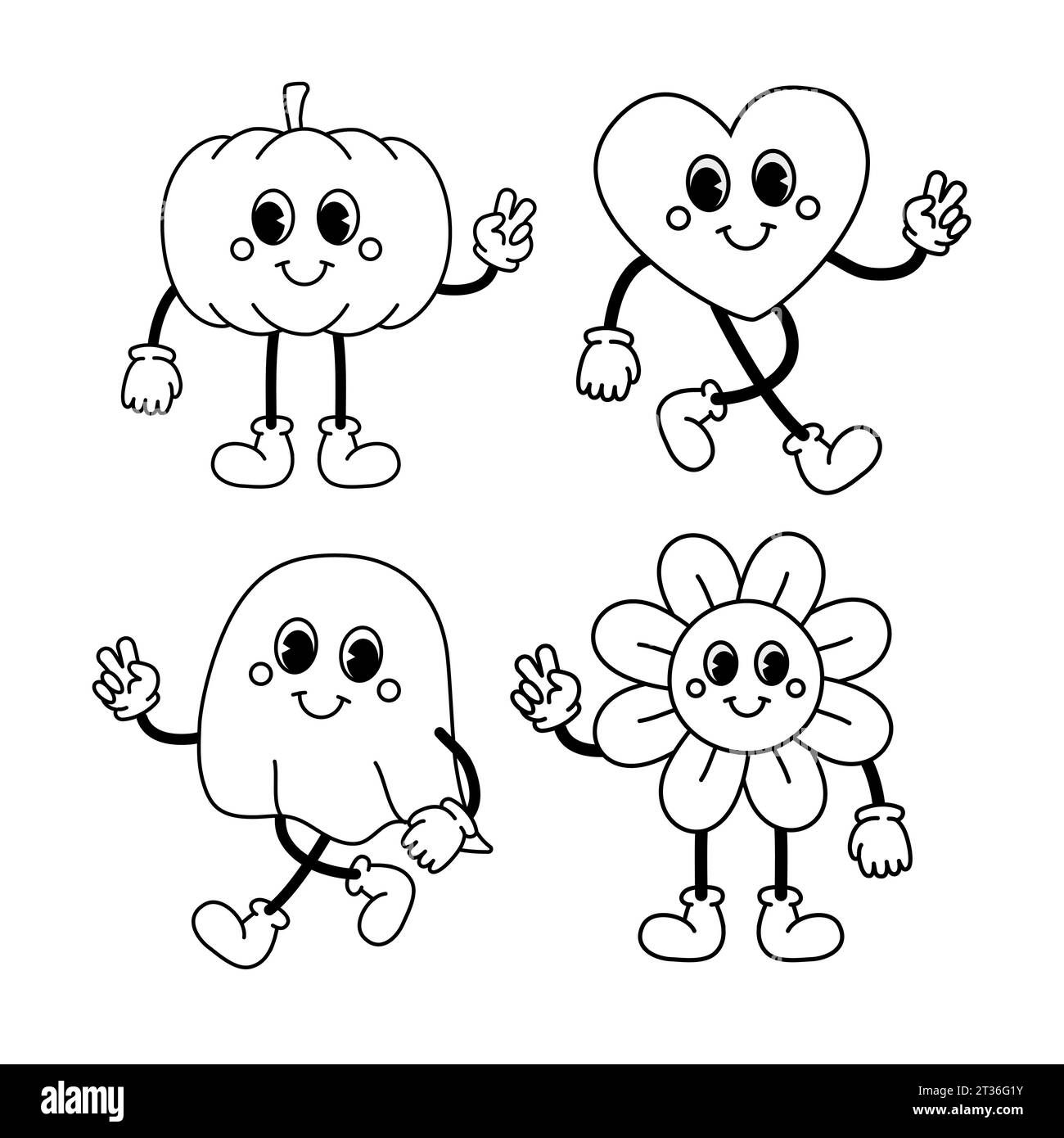 Vector groovy halloween cartoon retro outline characters isolated on ...