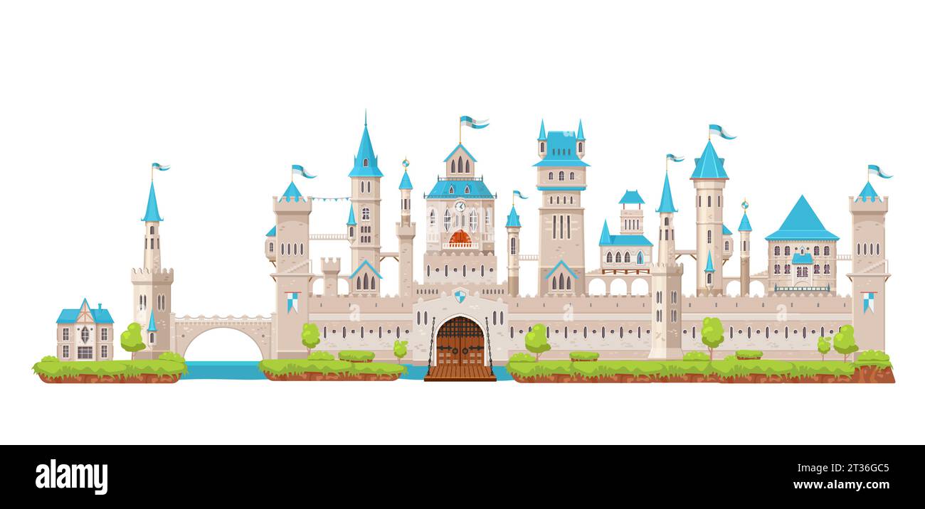 Wall and palace, gate, tower and turret of medieval fortress castle ...