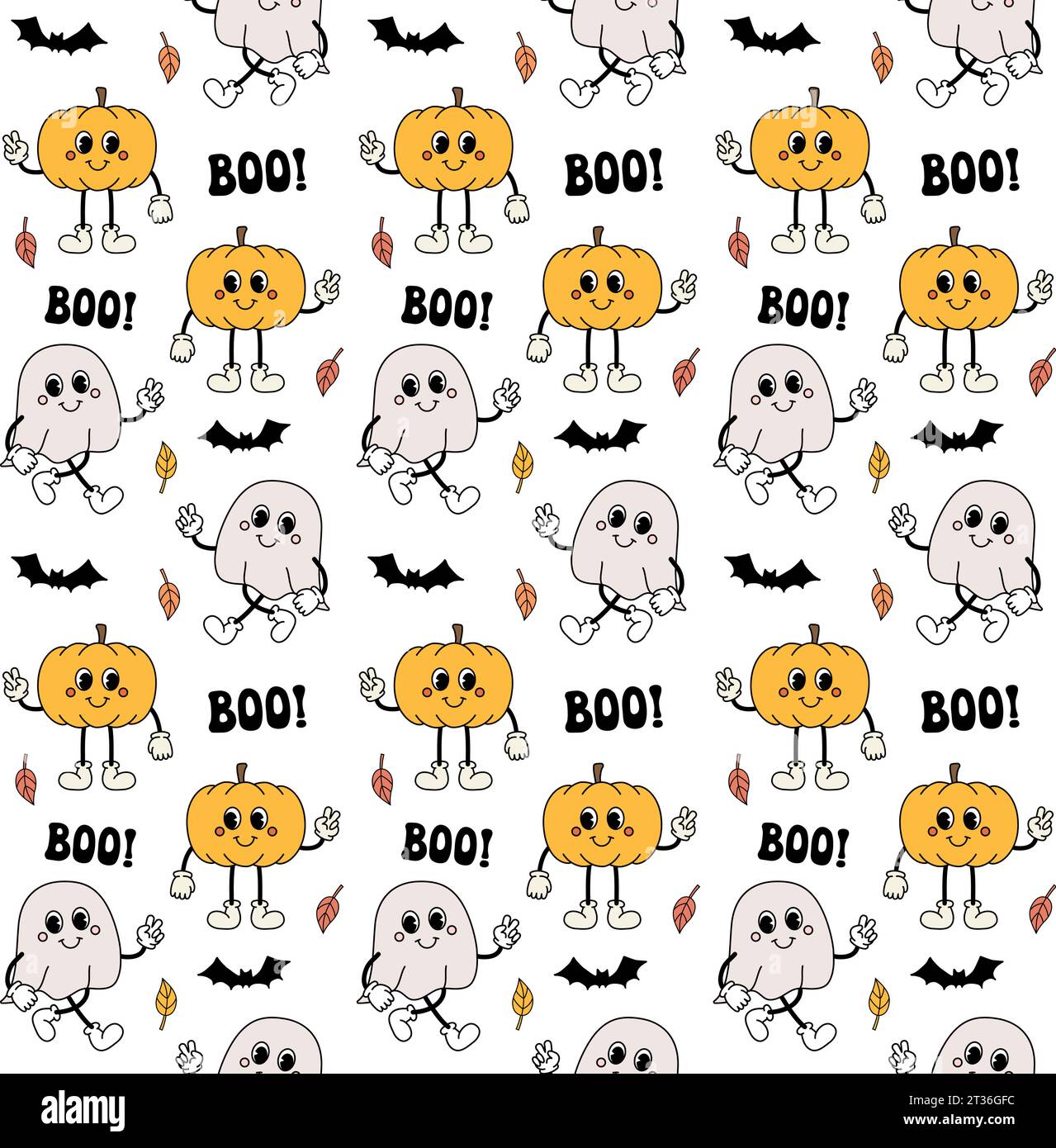 Vector seamless pattern of groovy halloween ghost and pumpkin isolated ...