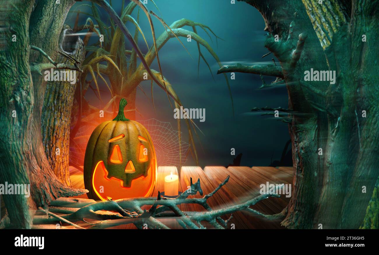 Halloween background with pumpkin and tree branches in enchanted spooky ...