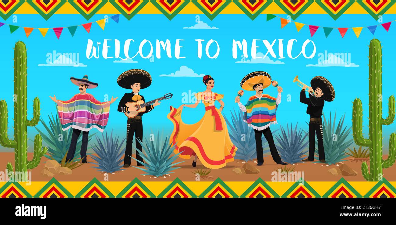 National Mexican characters, Welcome to Mexico travel poster with ...