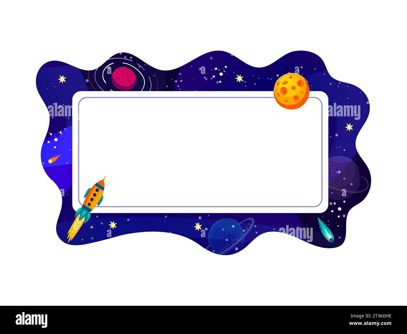 Cartoon frame with galaxy space landscape, rockets and planets, vector ...