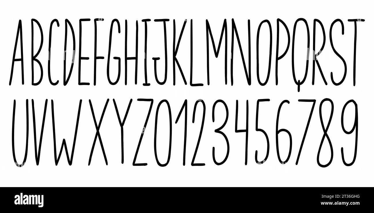 Scribble narrow black english A to Z alphabet latin abc font and digits ...