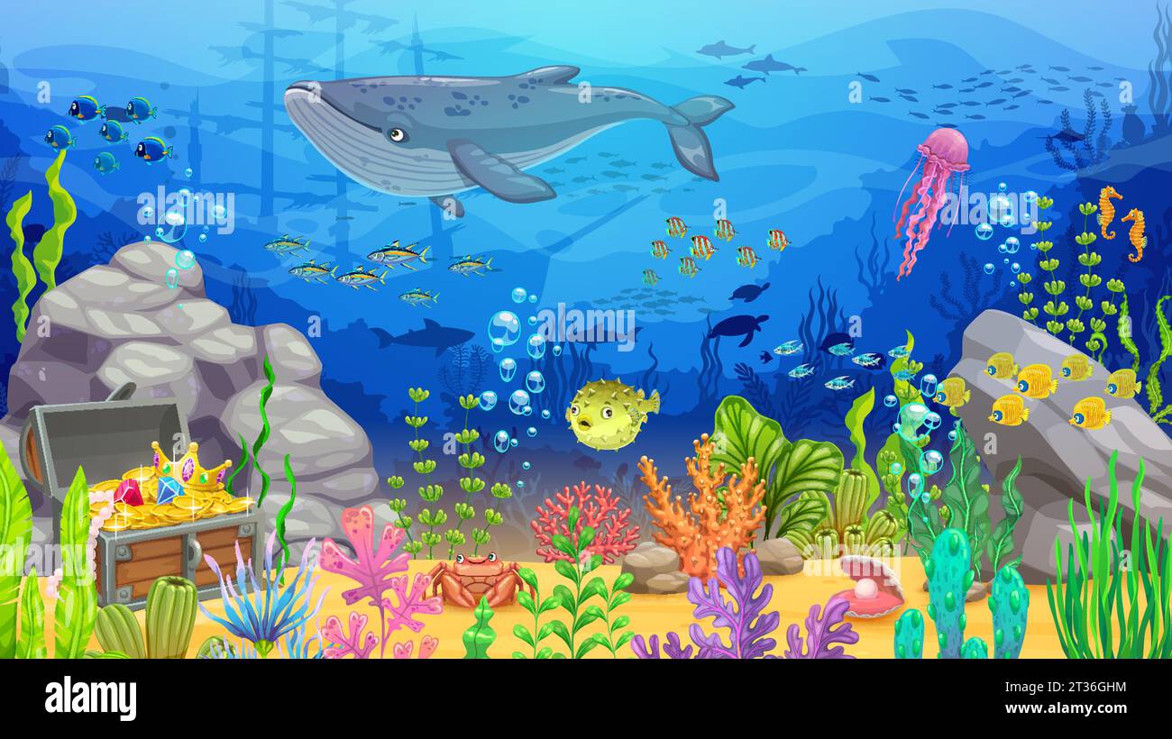 Underwater landscape with cartoon whale, treasure chest and fish shoals ...