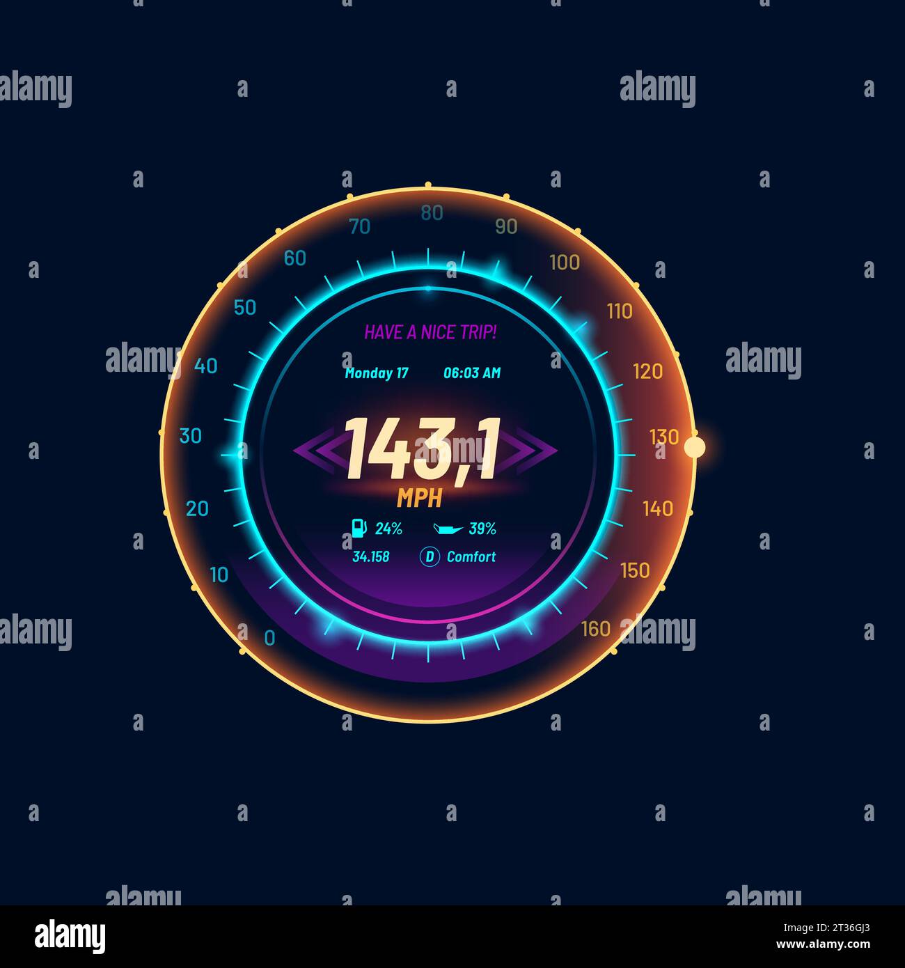 Car speedometer neon dial, speed gauge dashboard, futuristic counter ...