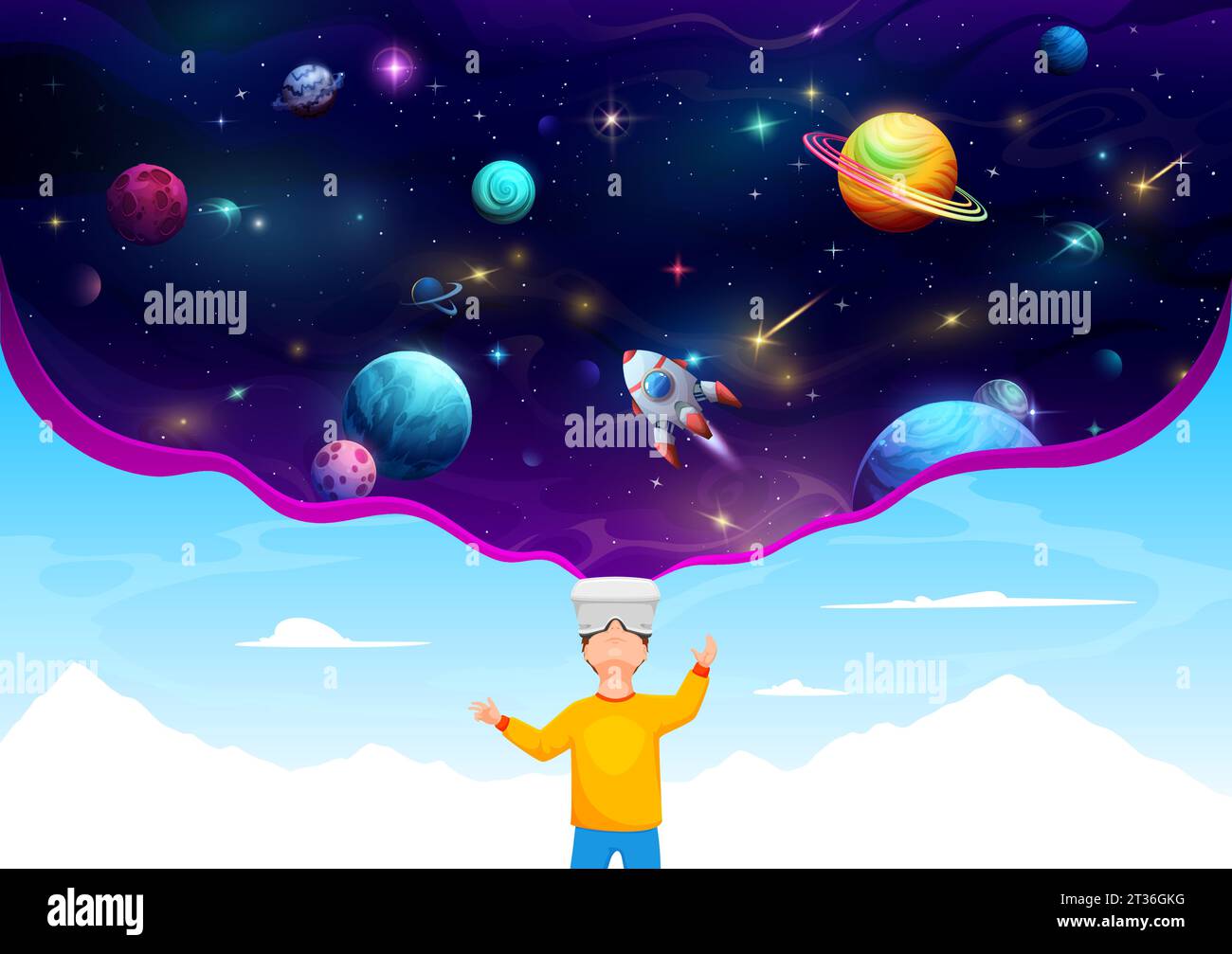 Boy kid in VR helmet and galaxy space universe with planets and rockets ...