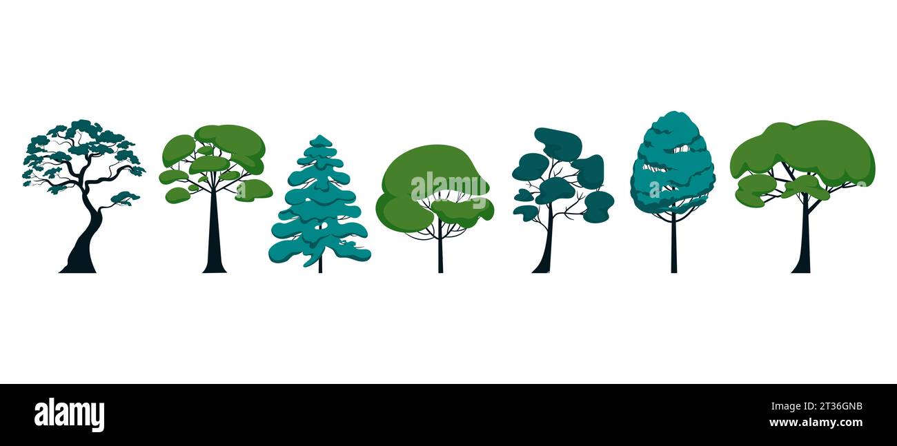 Set of different pine and hardwood trees horizontal arrangement. Vector ...