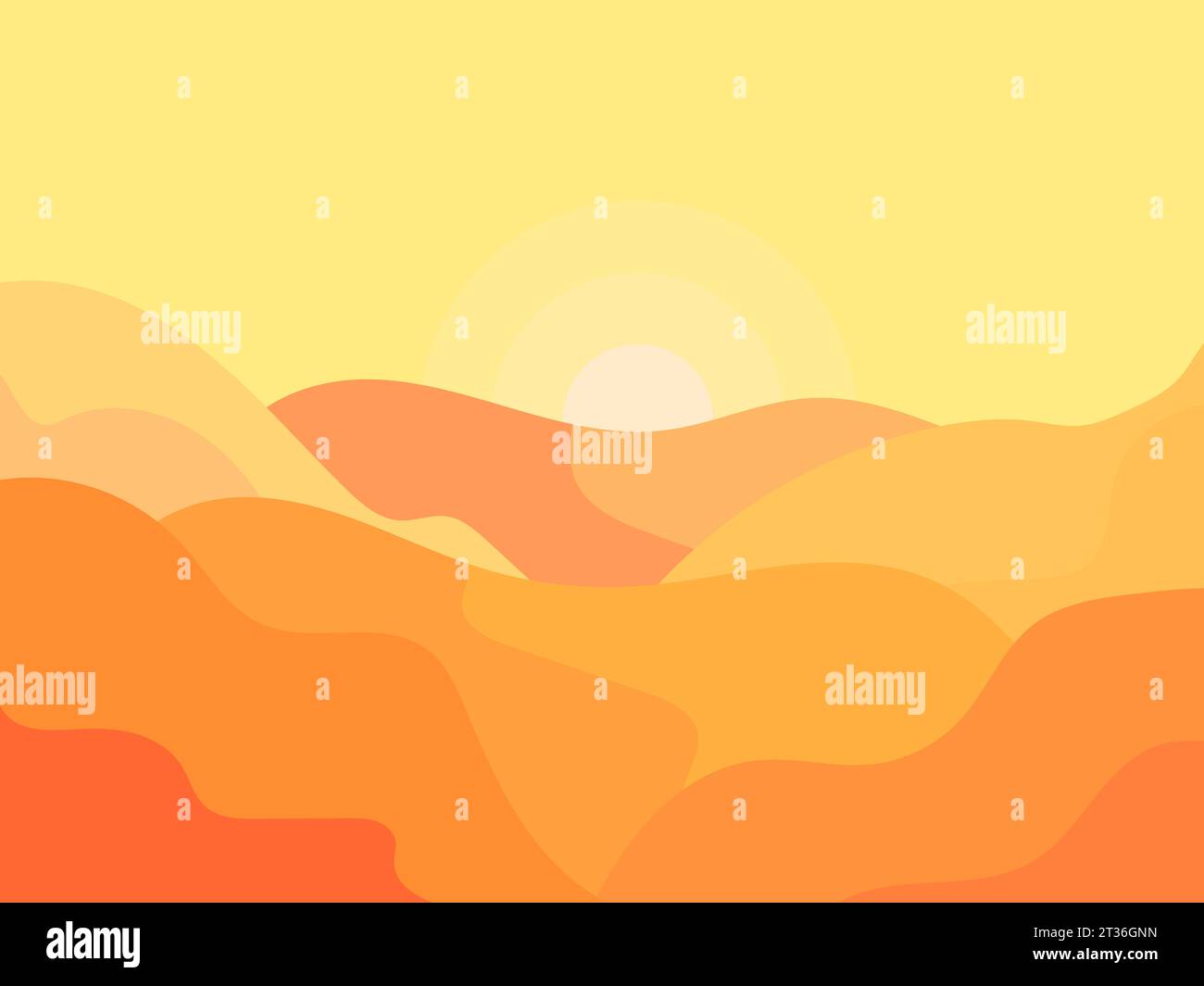 Desert landscape with dunes and sun in a minimalist style. Desert wavy ...