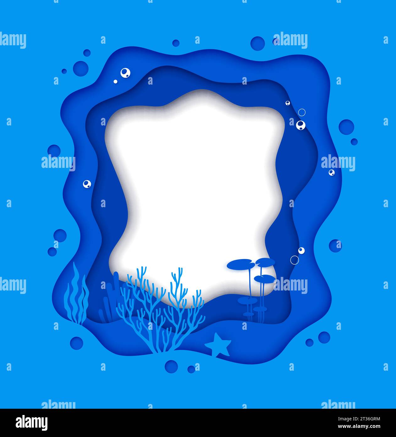 Paper cut frame with blue sea waves and underwater seaweeds, vector ...