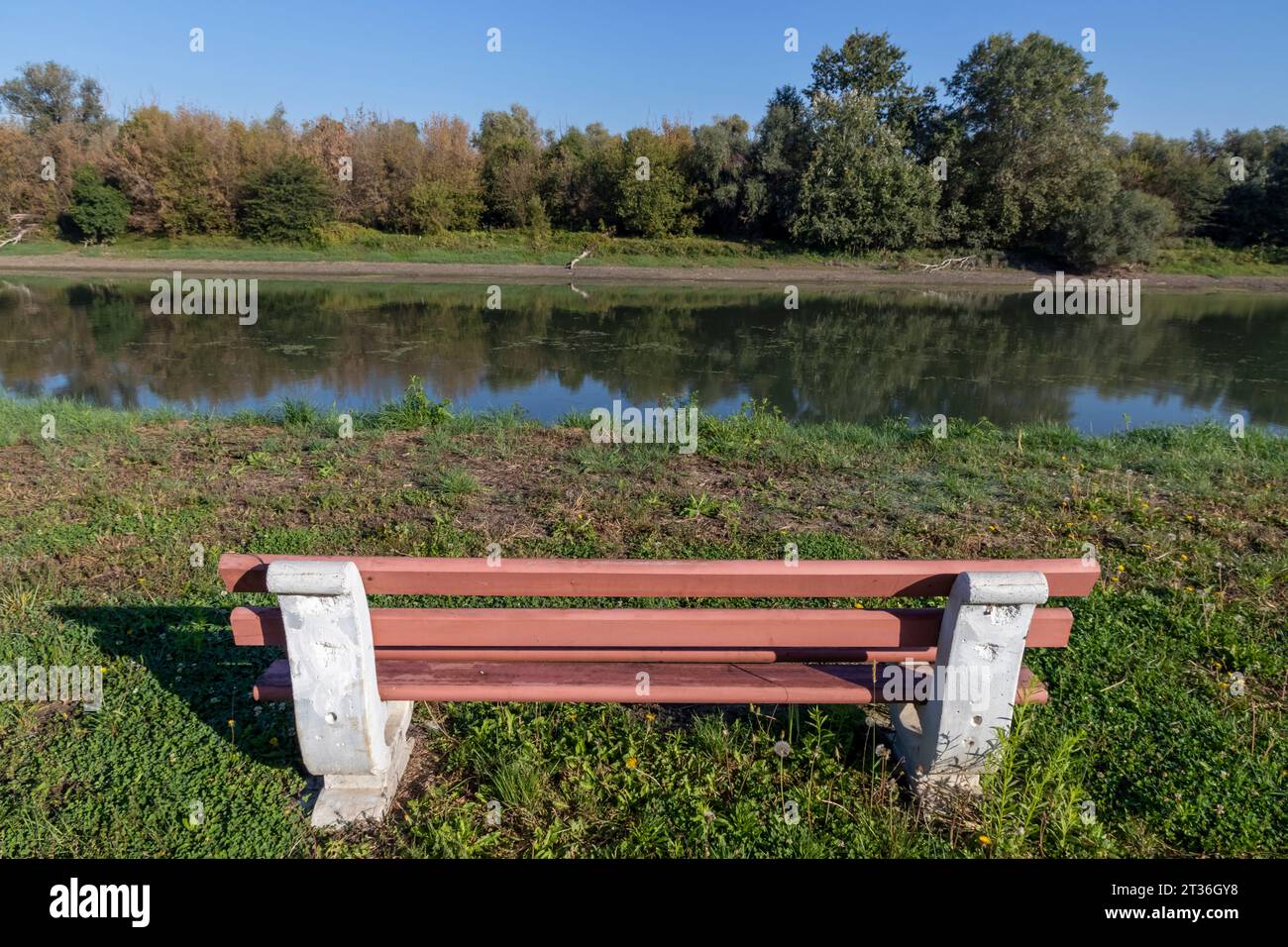 Park bench in front of river Begej Stock Photo - Alamy