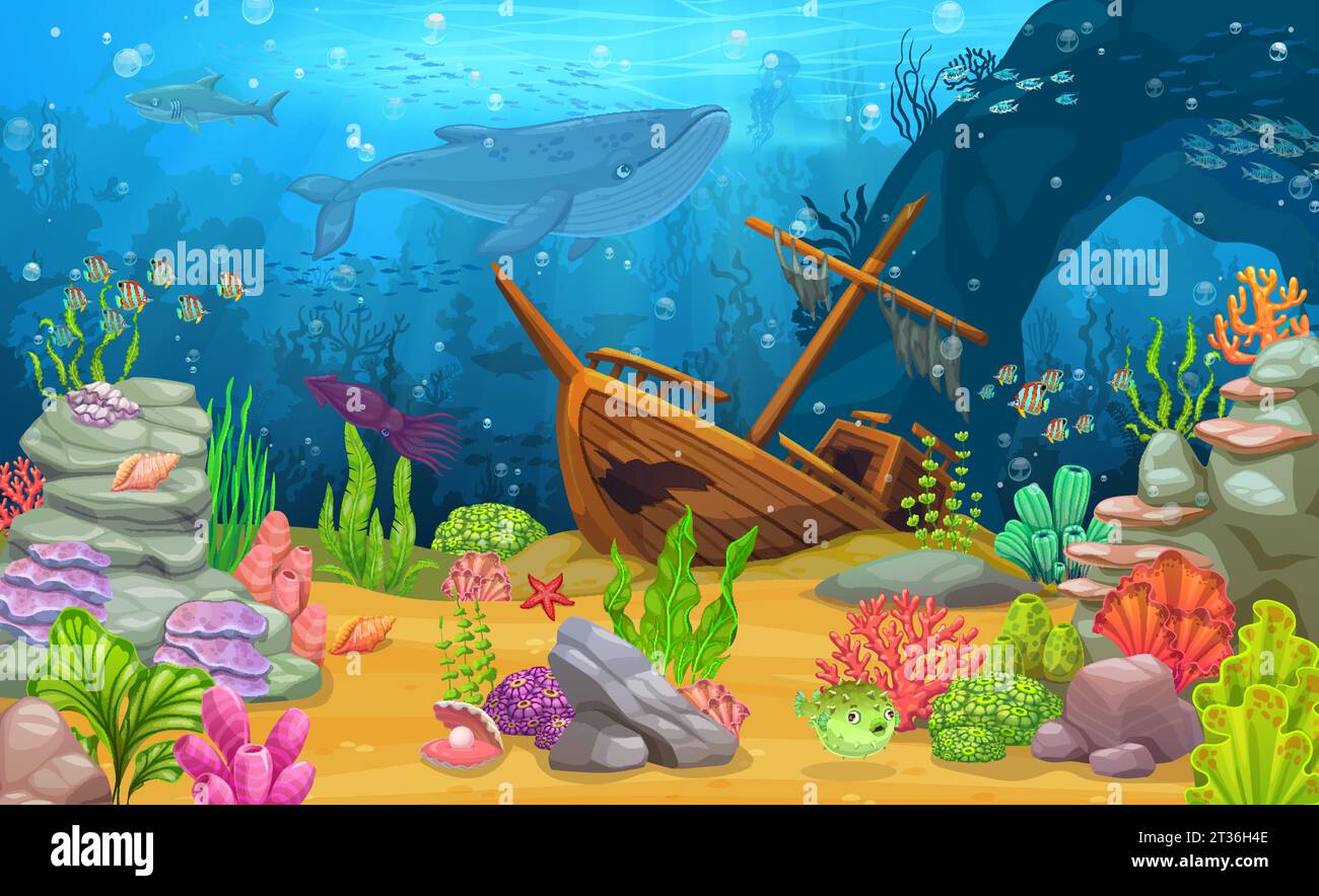 Cartoon sunken ship at tropical sea underwater landscape. Ocean life ...