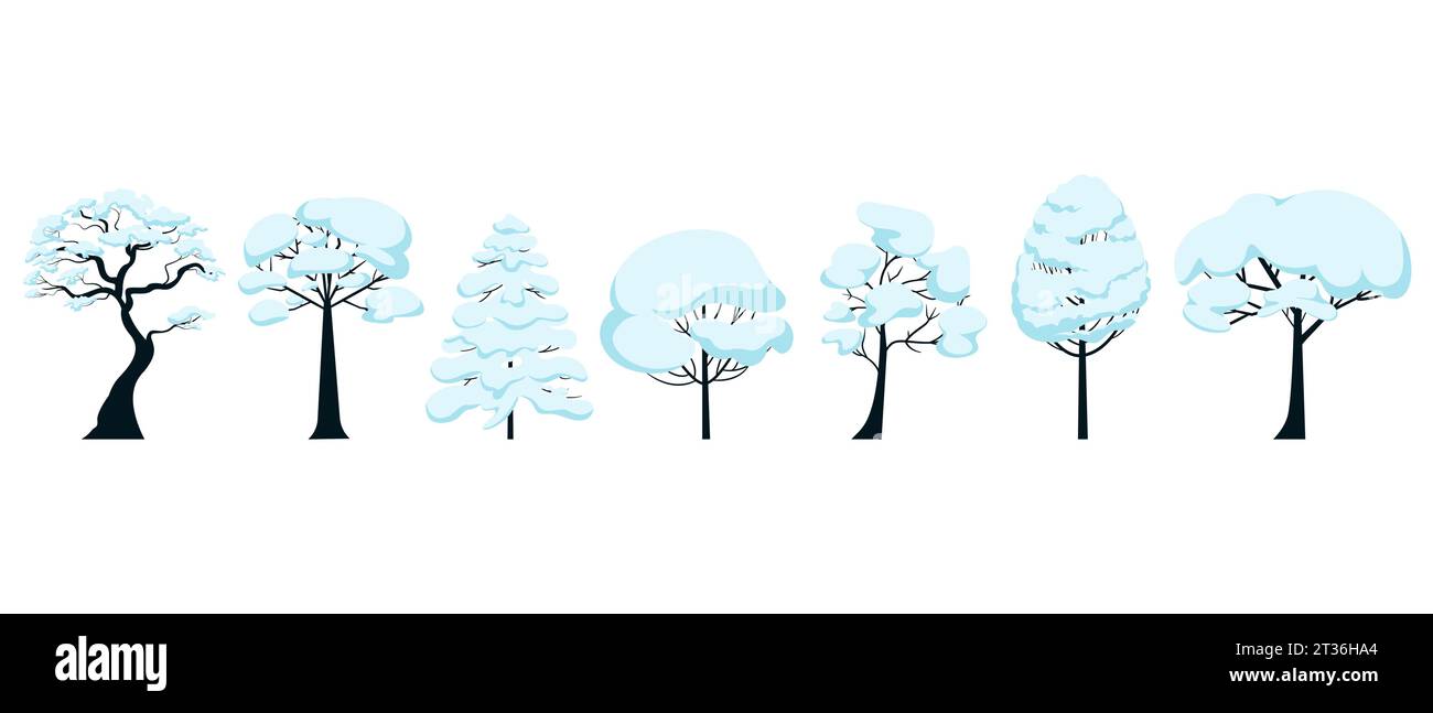 Silhouettes of snowy winter trees of various species. Vector ...