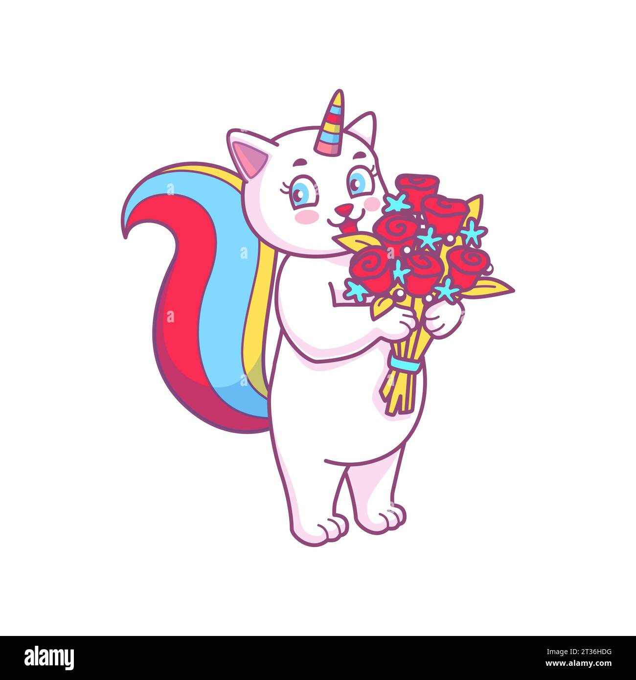 Cute cartoon caticorn with flower bouquet, fairy character cat and ...