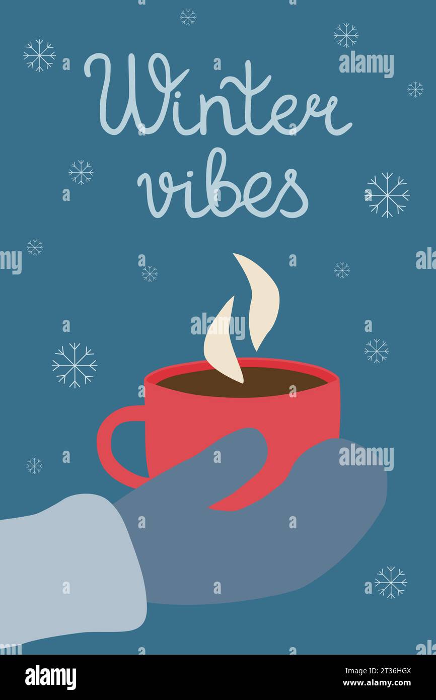 Hand in mitten holding cup of coffee with steam, coffee time or coffee ...