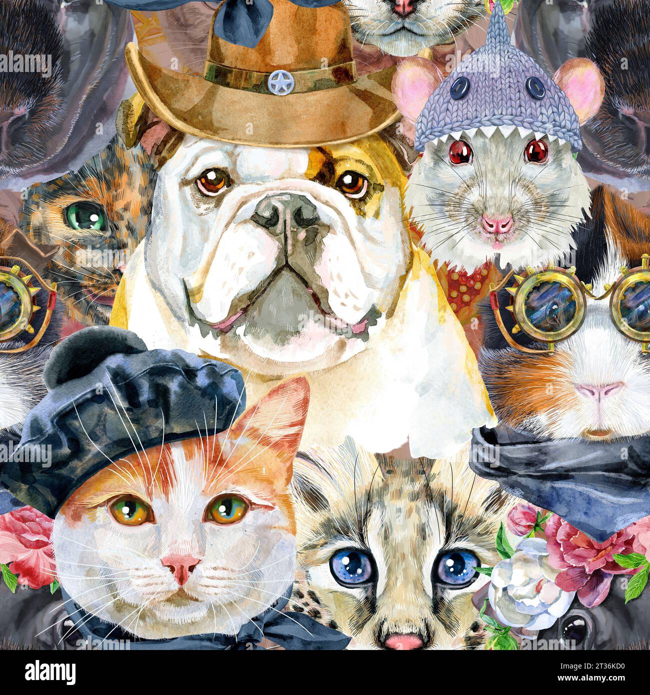Seamless pets pattern. Hand painted watercolor drawing, isolate clip ...