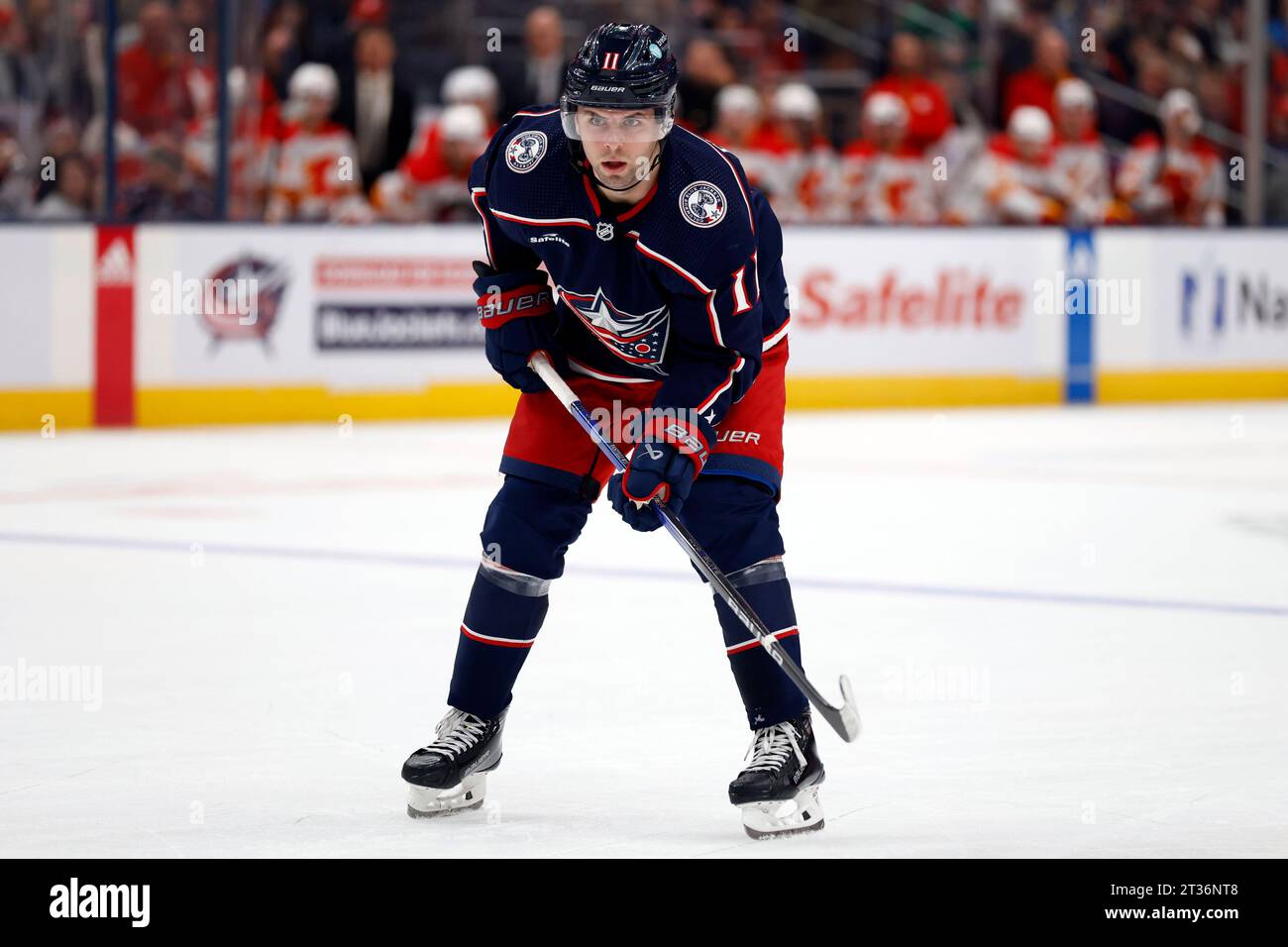 Columbus Blue Jackets forward Adam Fantilli waits for the puck drop ...