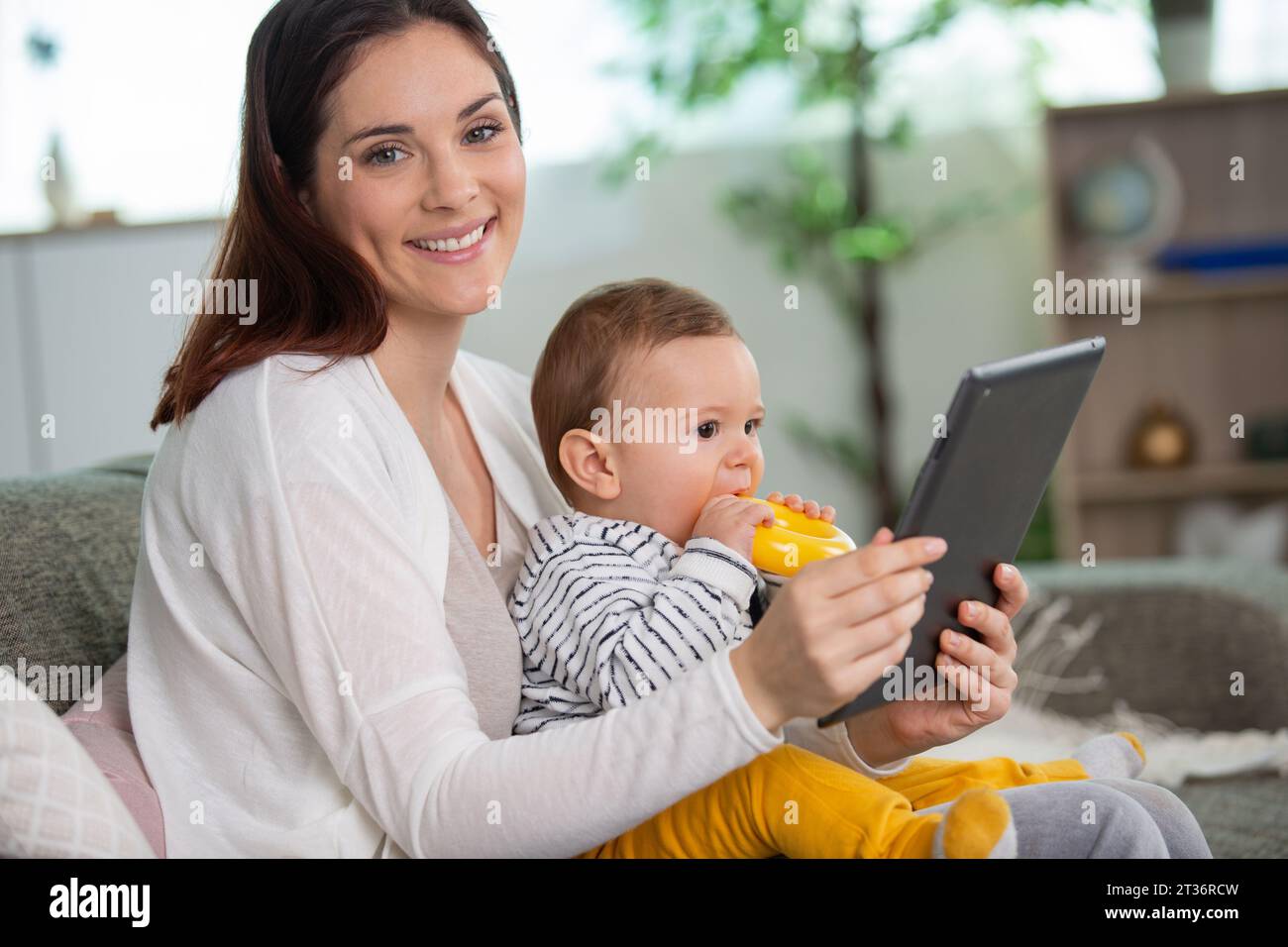mother and baby using digital tablet Stock Photo - Alamy