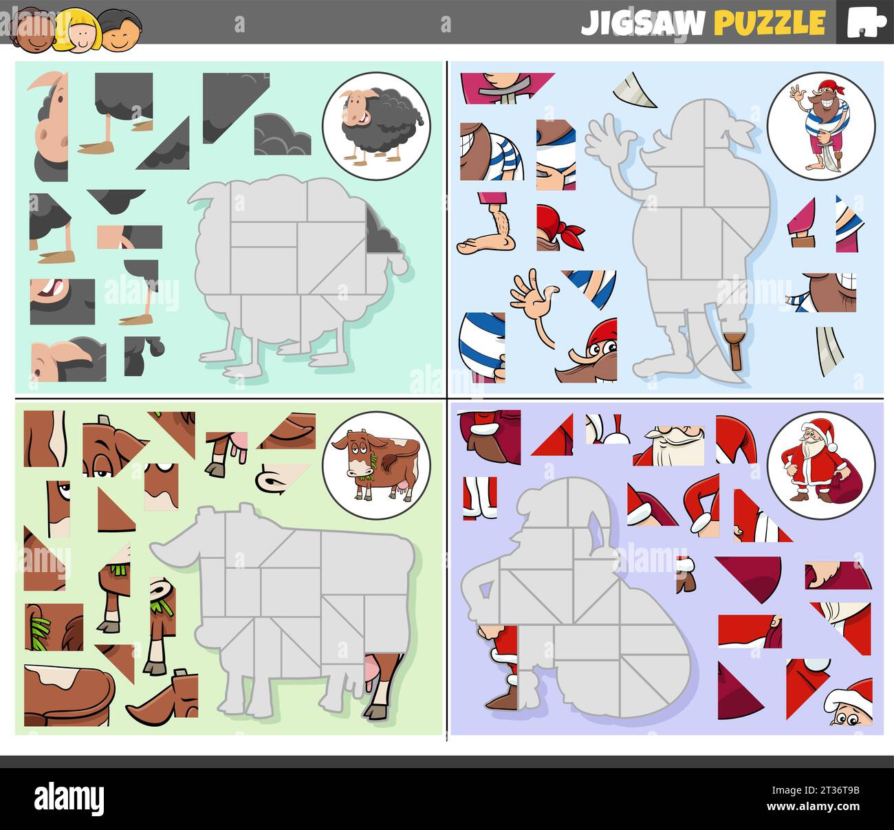 Cartoon illustration of educational jigsaw puzzle games set with comic ...
