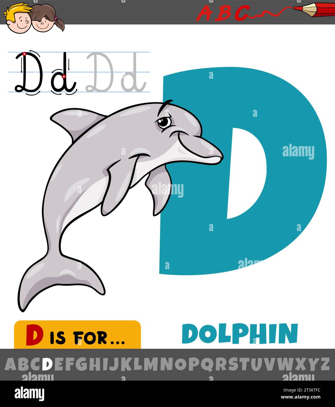 Educational cartoon illustration of letter D from alphabet with dolphin ...