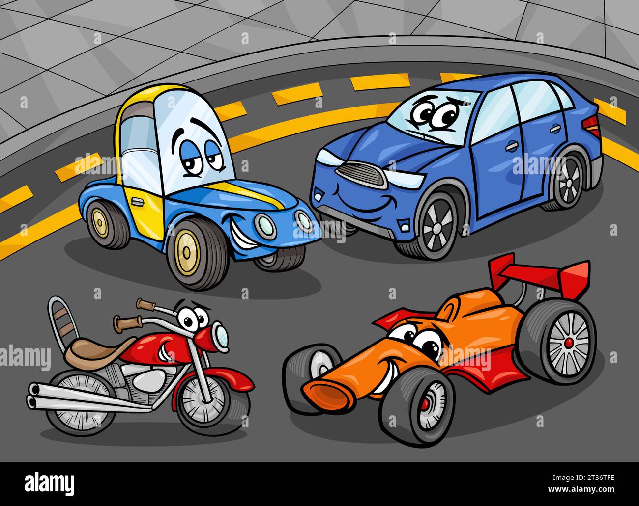 Cartoon illustration of cars and vehicles comic characters group in the ...