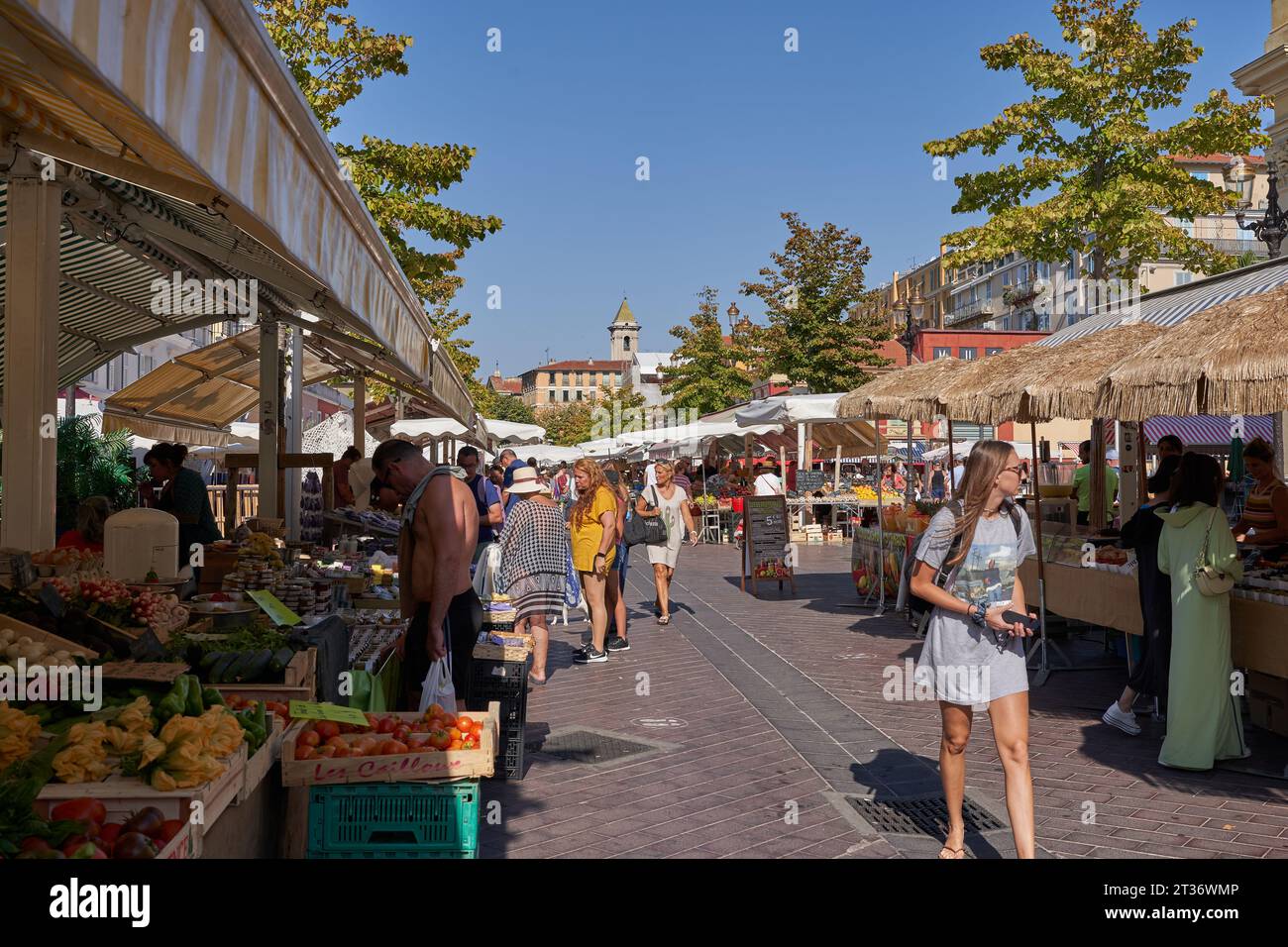 Nice, France - August 12, 2023 - the market stalls at the Cours Saleya ...