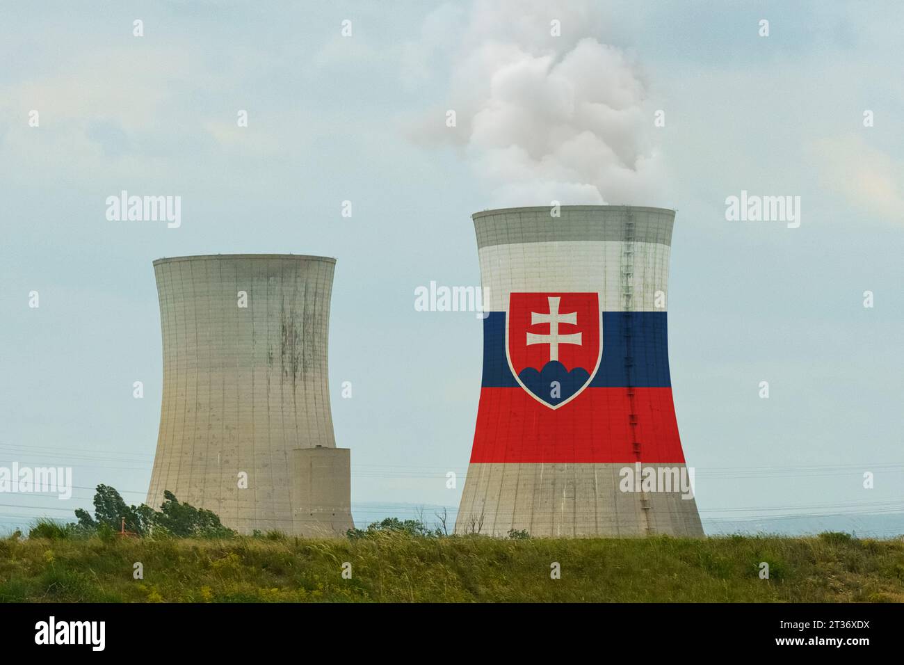The flag of Slovakia is depicted on the cooling tower of the nuclear ...