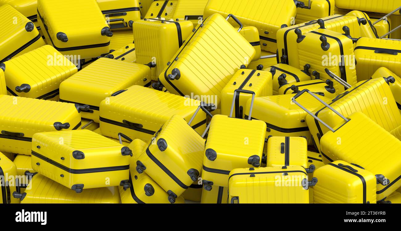 Pile of suitcase or baggages isolated on yellow background.. 3d render ...