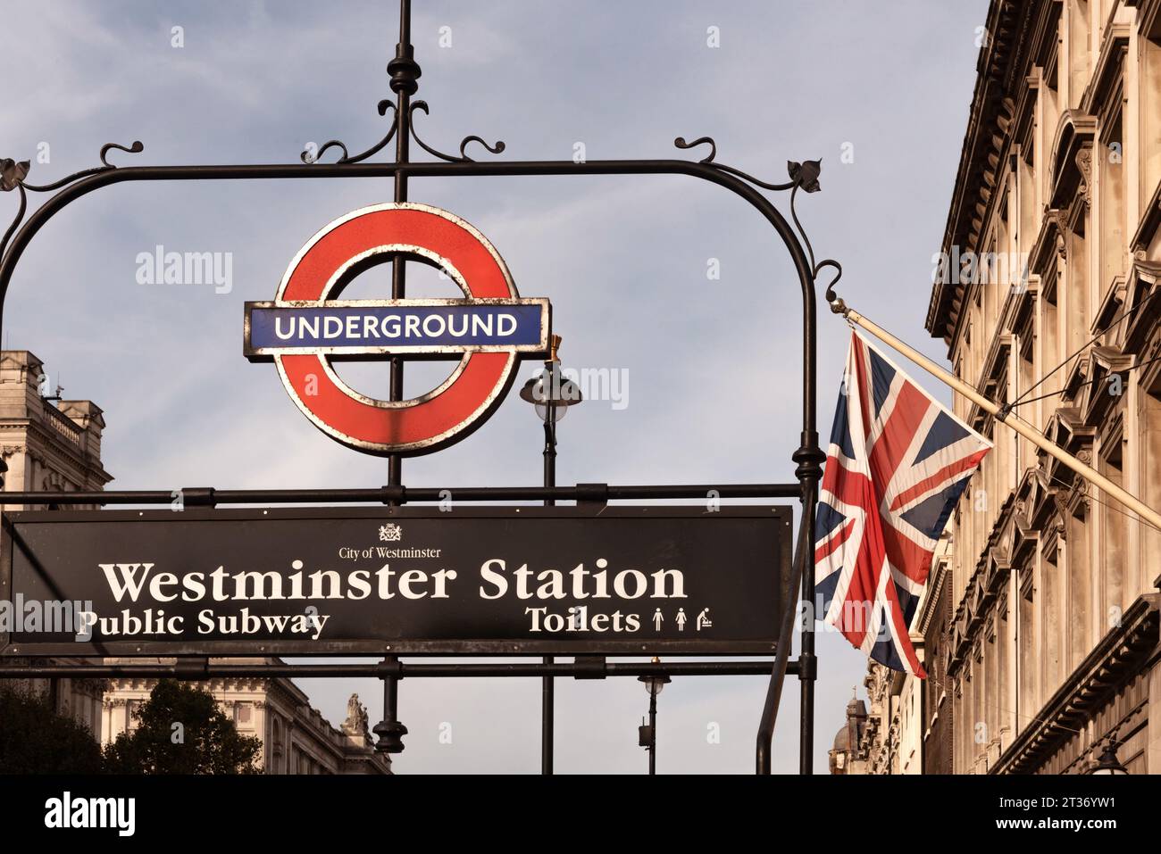 London, United Kingdom. October 10th 2023 Iconic entrance to Westminster underground tube ...