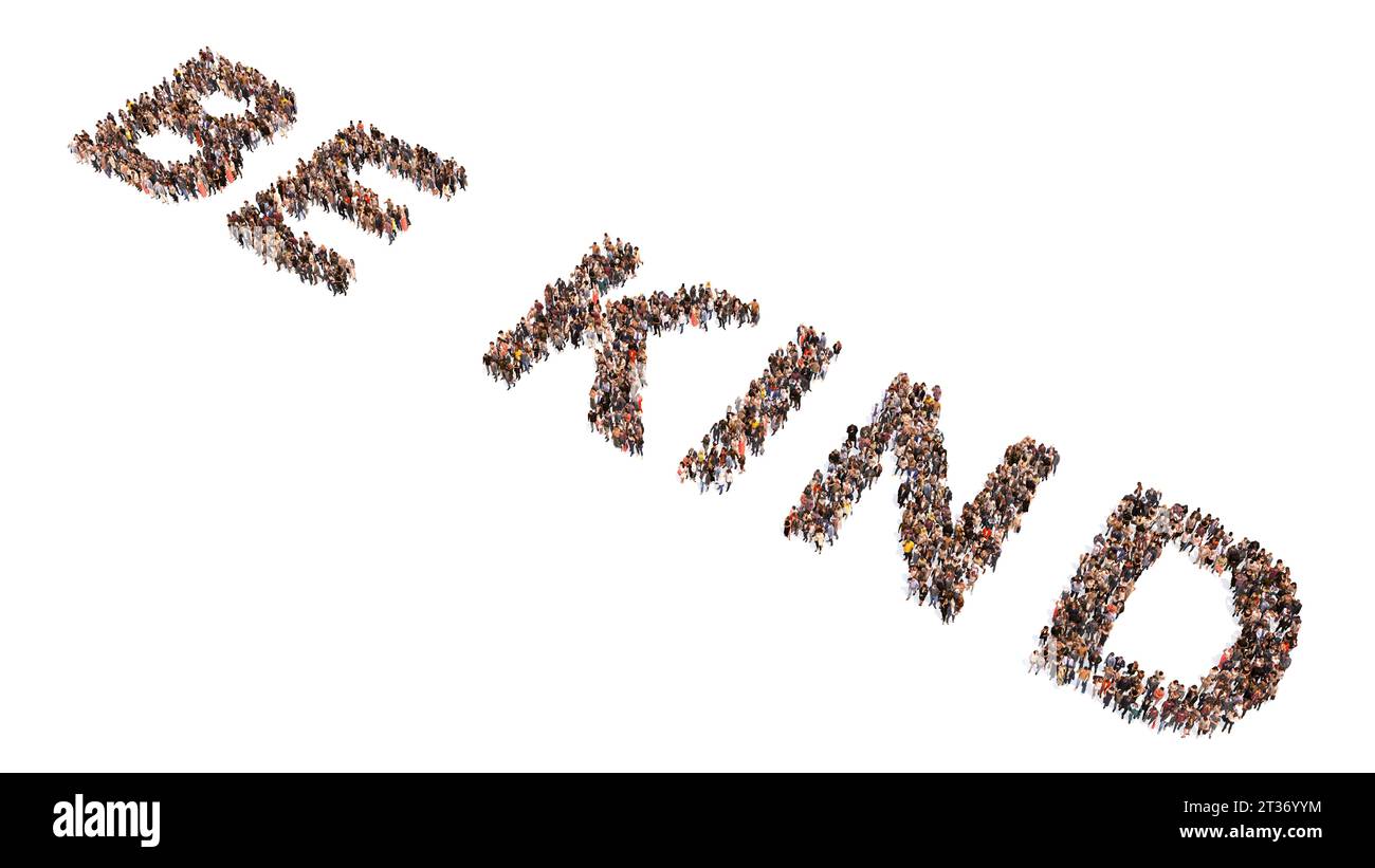 Concept or conceptual large community of people forming BE KIND slogan ...