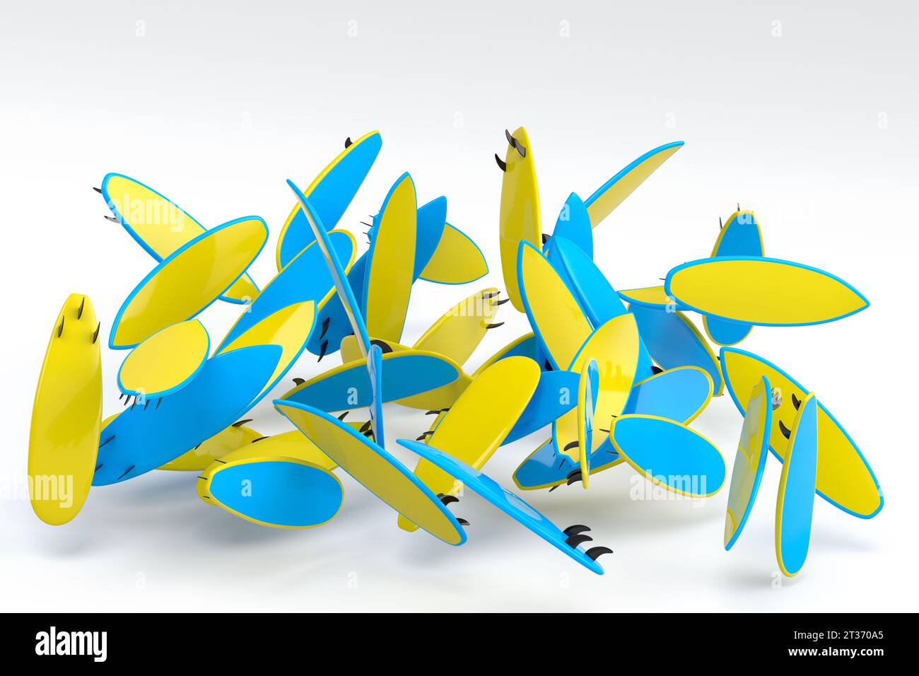 Many of flying surfboard isolated on white background. 3d render of ...
