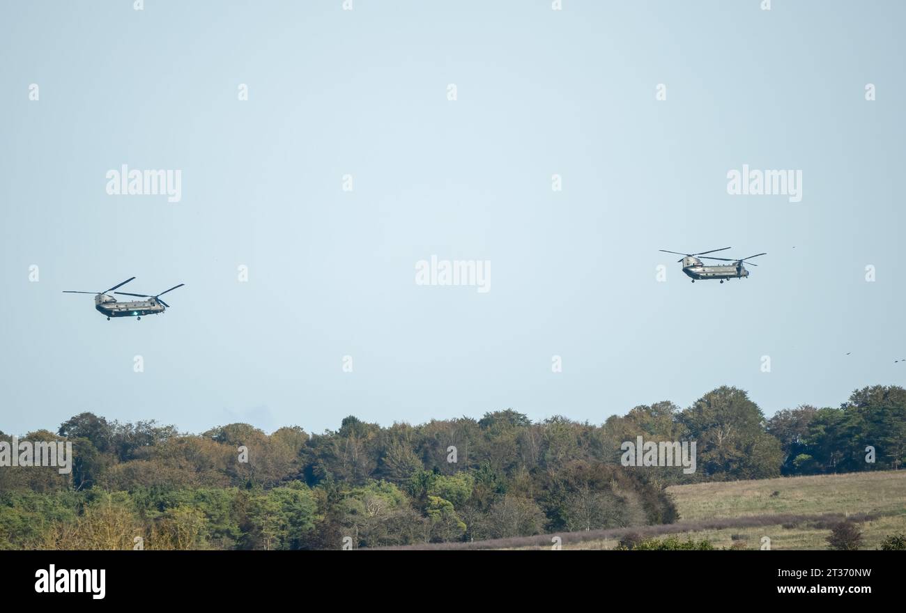 A pair of RAF Chinook tandem-rotor CH-47 helicopters flying fast and ...