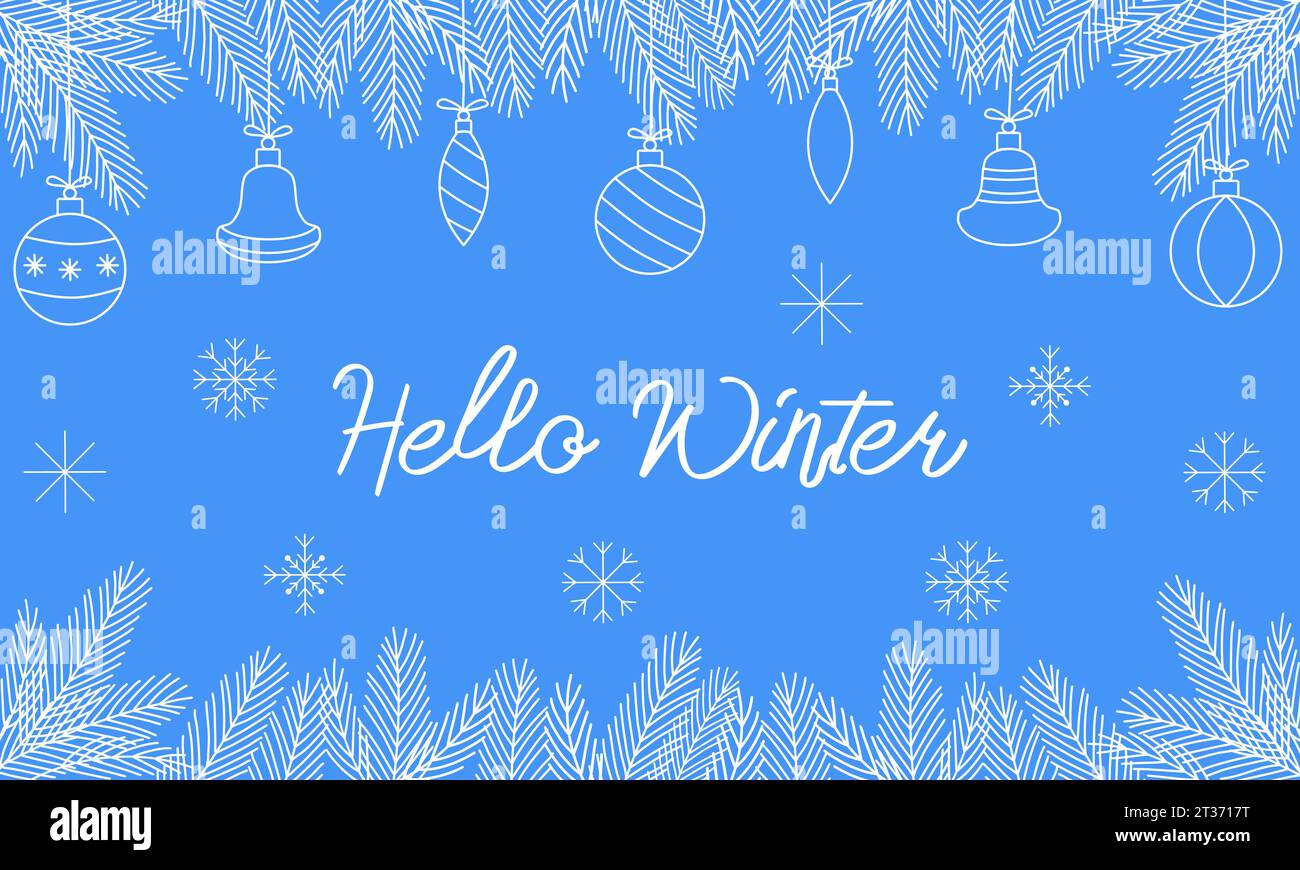 Hello winter poster or banner with lettering, white frosty pine ...